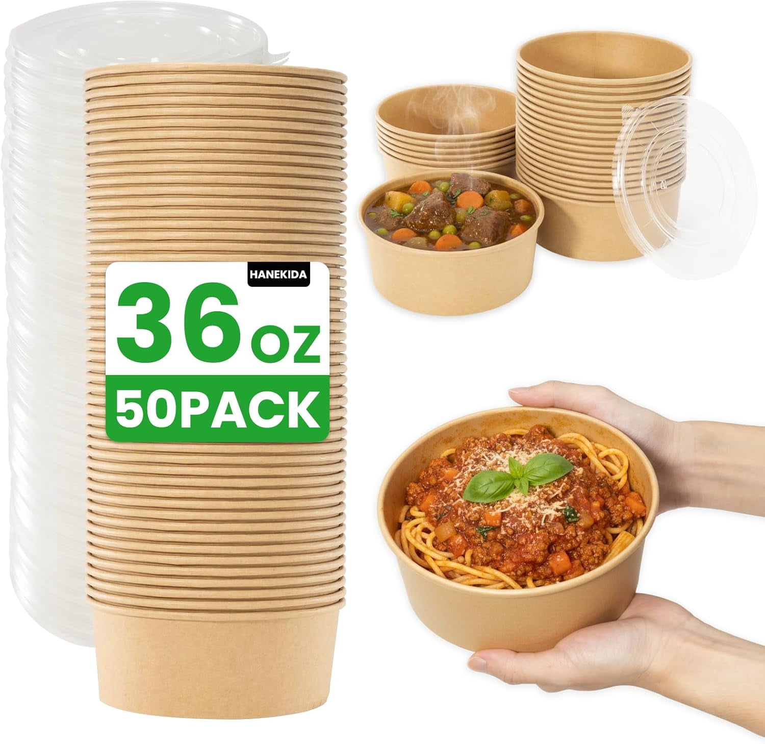 50 Count 36 oz Large Disposable Paper Bowls with Lids, Salad Containers ...