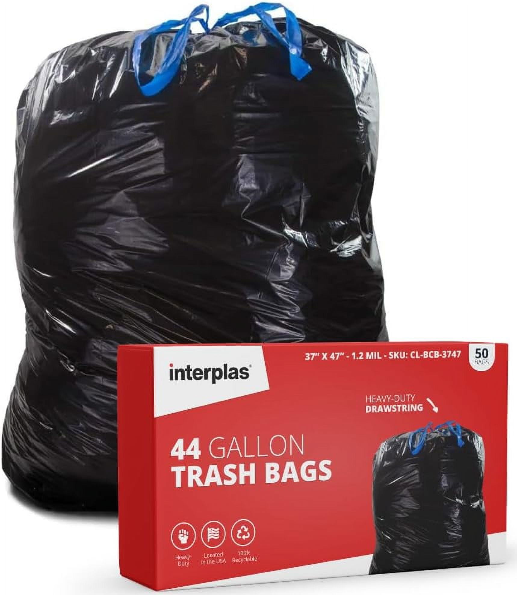 (50 Count) 44 Gallon Trash Bags with Drawstring, Black Heavy-Duty 44 ...