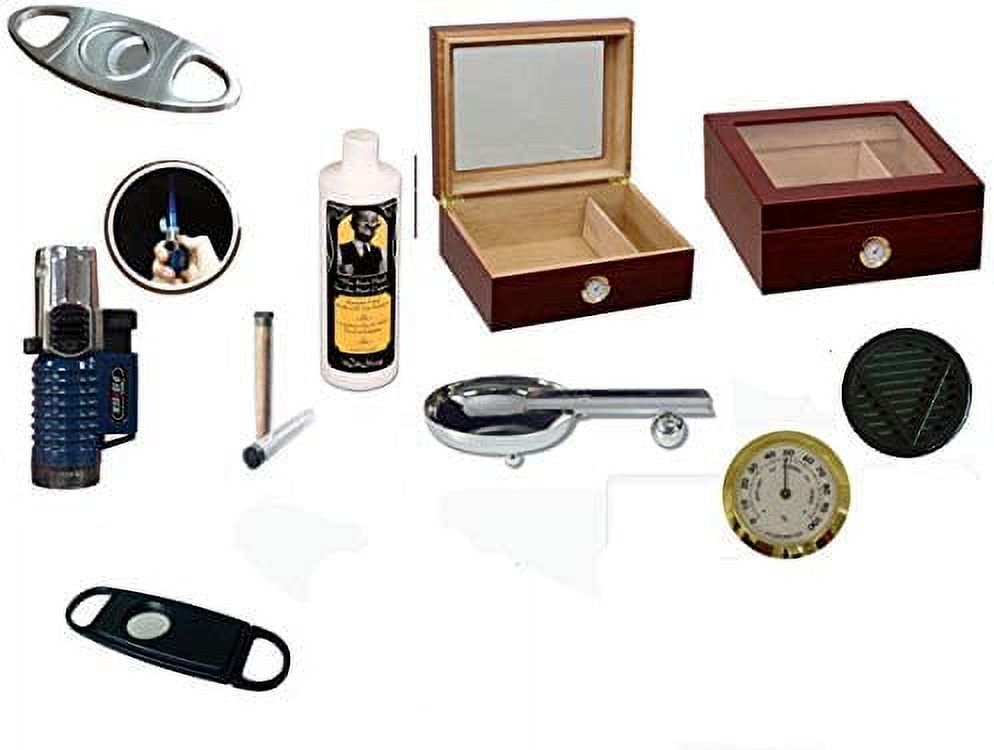 50 Count Cigars Glass top Cherry Humidor Cutters Lighter Cigar Caddy ...