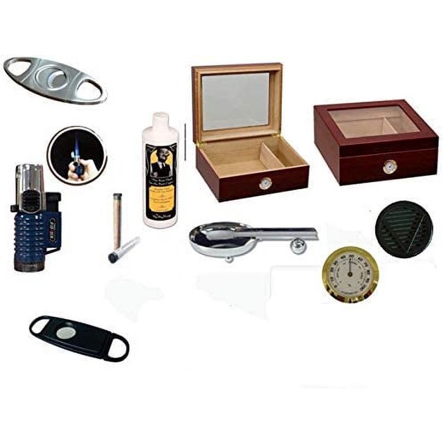 50 Count Cigars Glass top Cherry Humidor Cutters Lighter Cigar Caddy ...