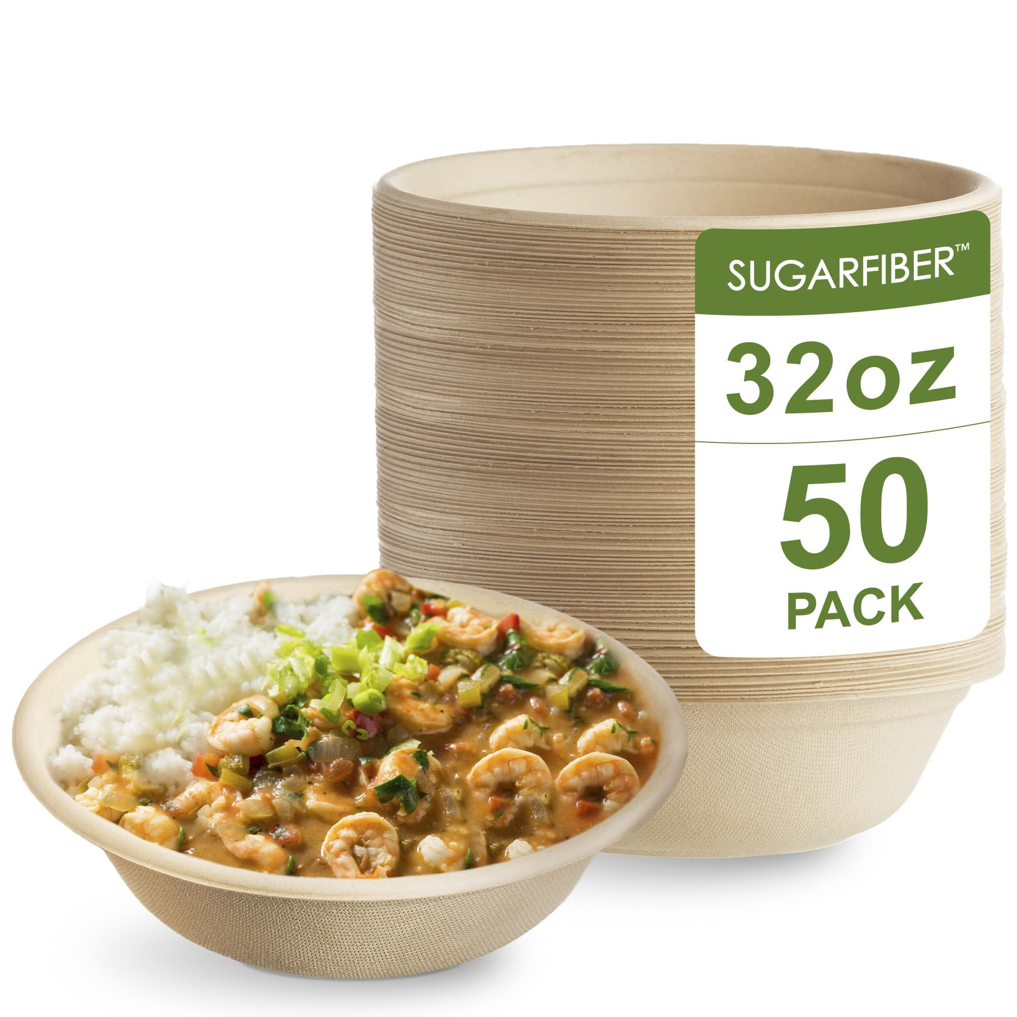 [50 Count]Sugarfiber by Harvest Pack 32oz Round Paper Bowls ...