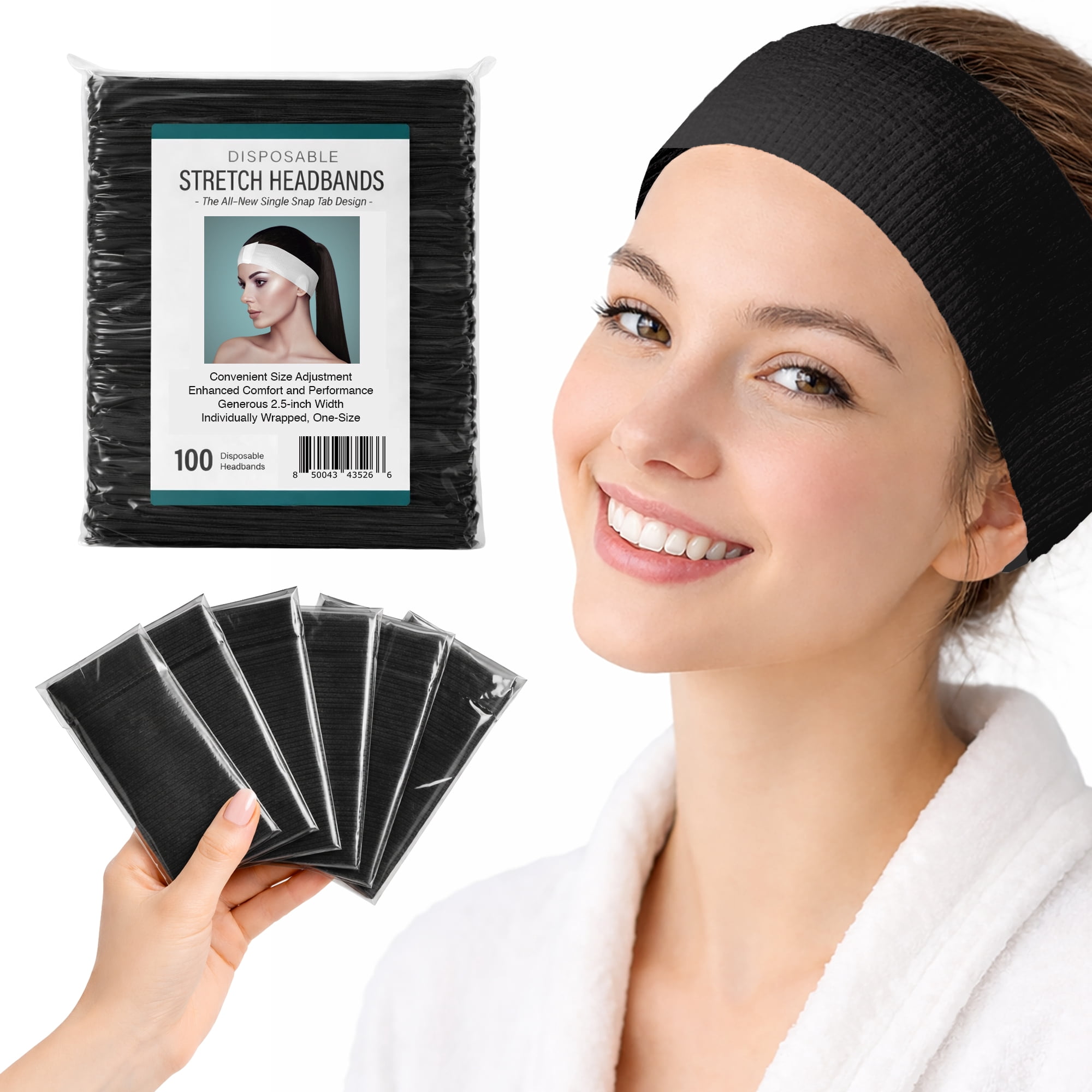 Appearus Disposable Stretch Facial Headbands with Tab Closure, Black ...