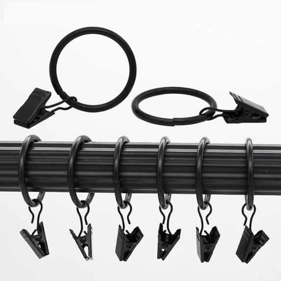 50 Curtain Rings with Clips, 1 inch Interior Diameter Black Metal ...