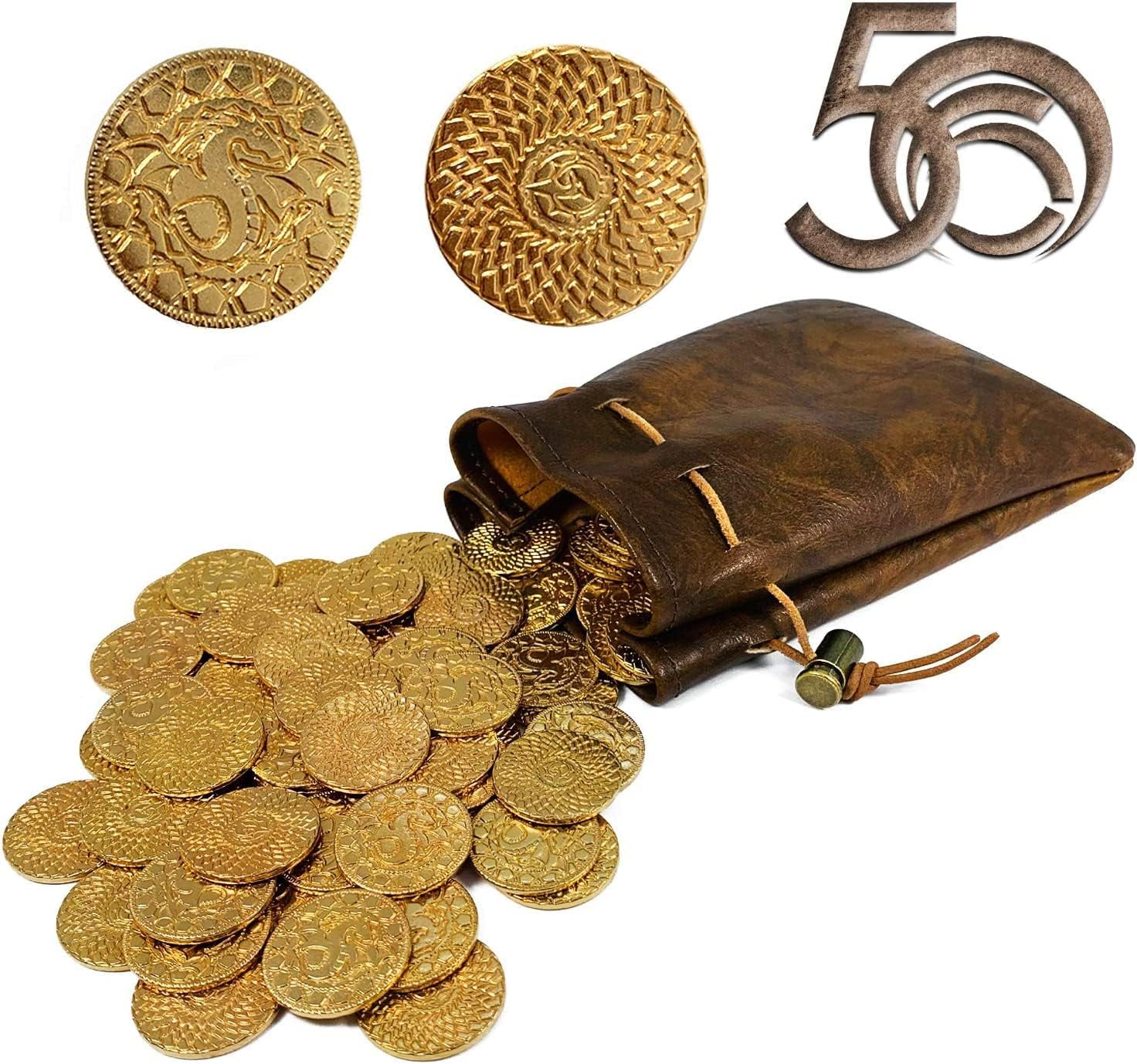 50 DND Fantasy Metal Gold Coins & Leather Pouch for Dungeons & Dragons ...