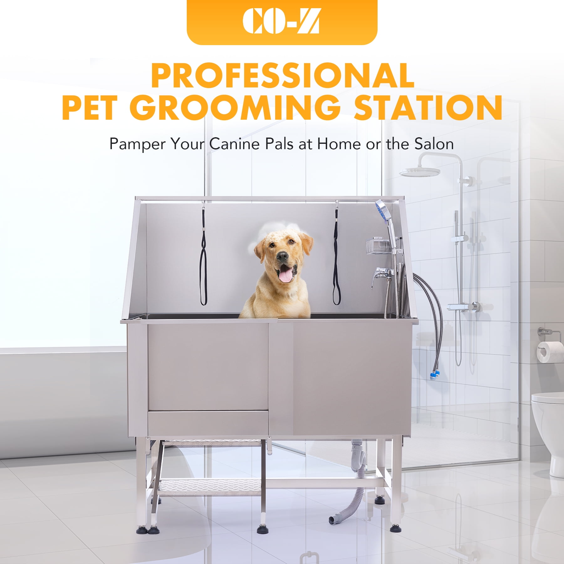 50” Dog Bathing Station for Large Dogs, Dog Bathtub with Stairs Sliding ...