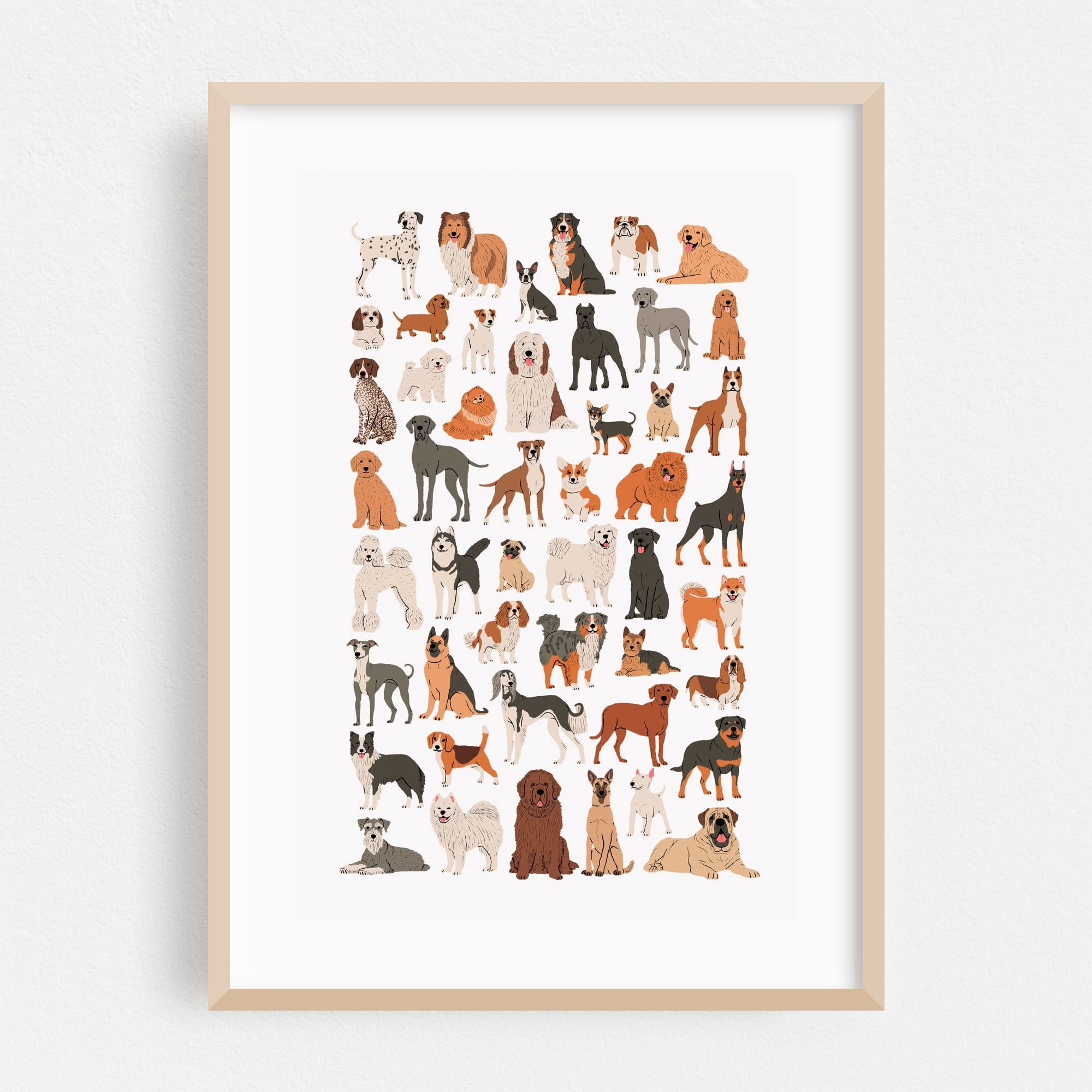 50 Dogs - Illustration Dog Animal Wildlife Oak Framed Wall Art Print 16 ...