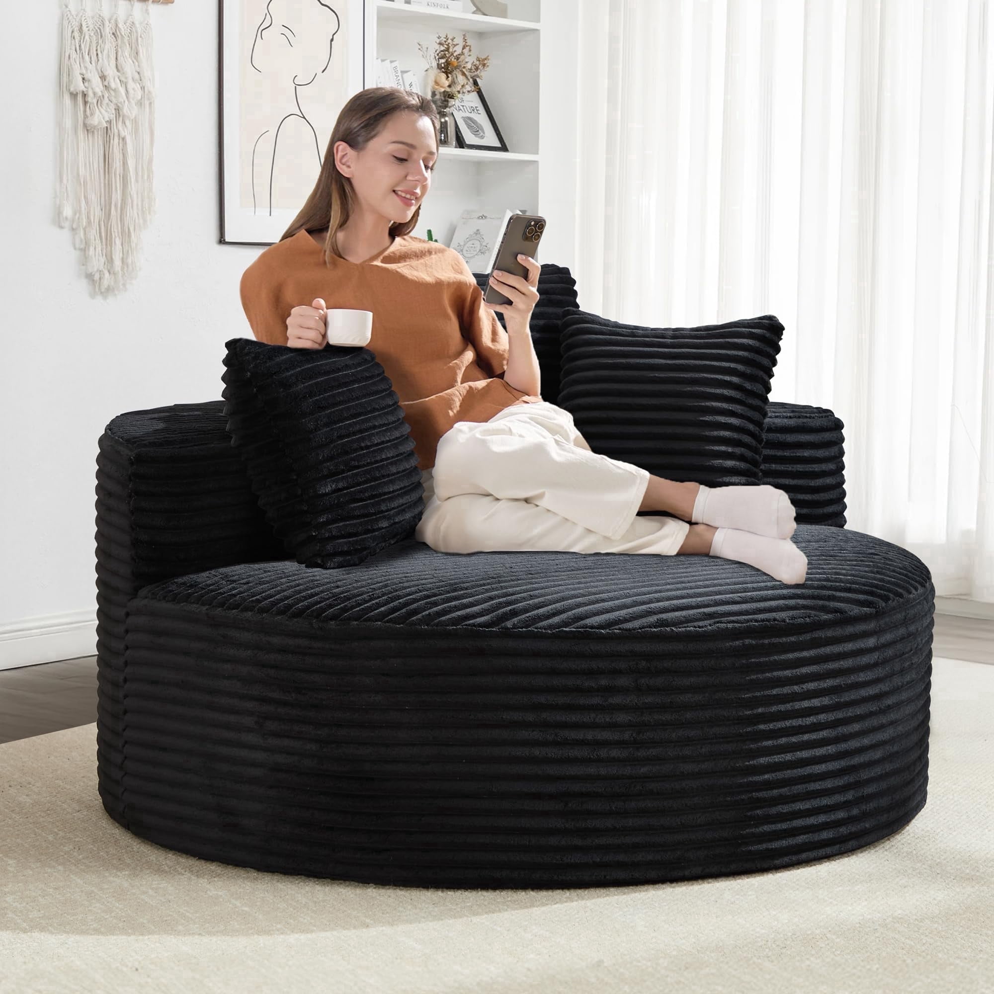 FIRSCOOK 50" Oversized Corduroy Round Chair with Pillows, Deep Seat ...