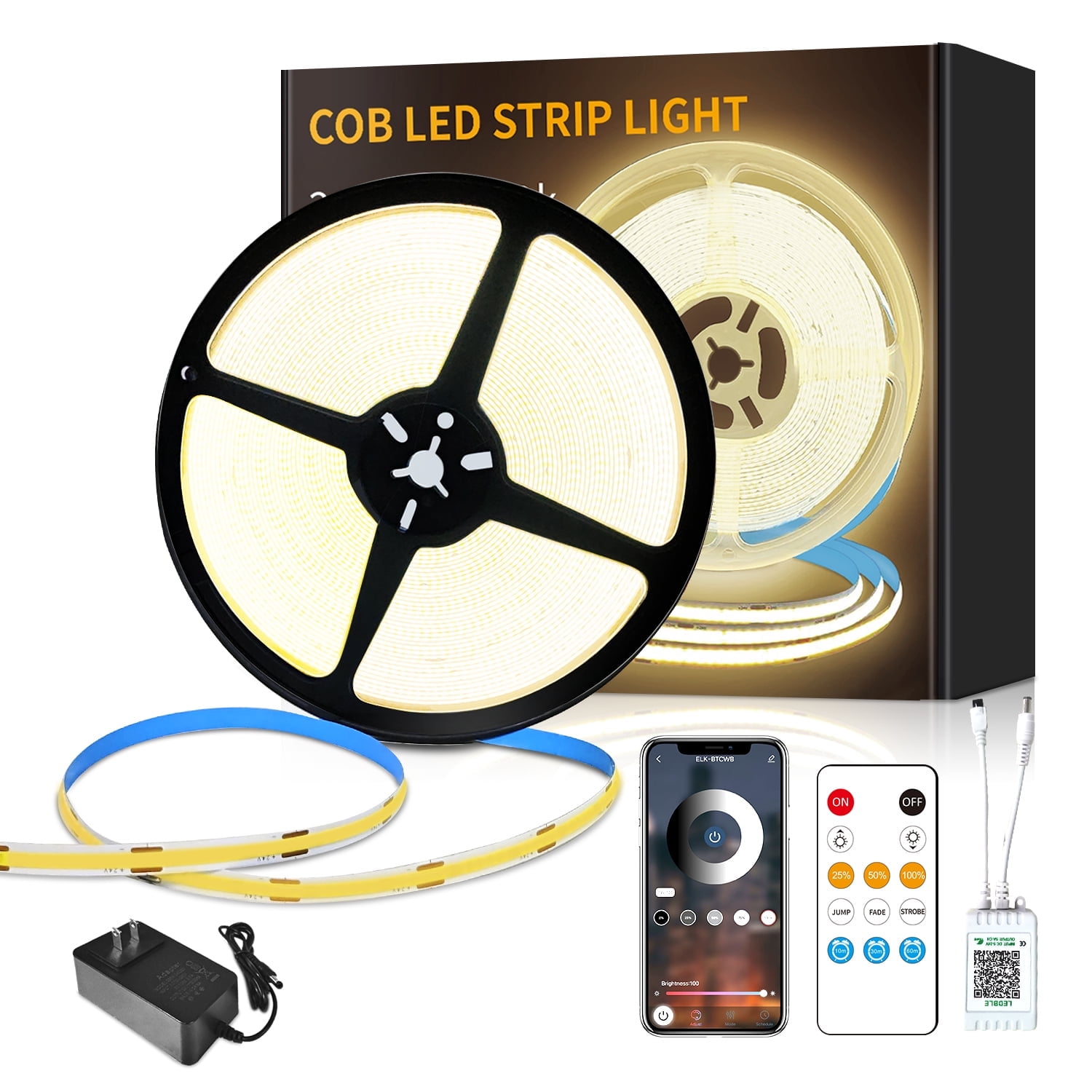 50 FT COB LED Strip Lights Warm White Dimmable DC 24V 3000K Flexible ...