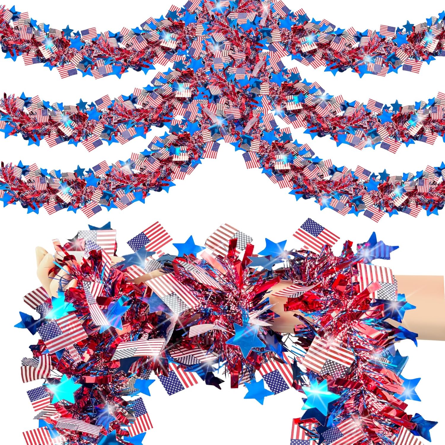 50 FT Patriotic Tinsel Garland, Memorial Day Decorations 4th of July ...