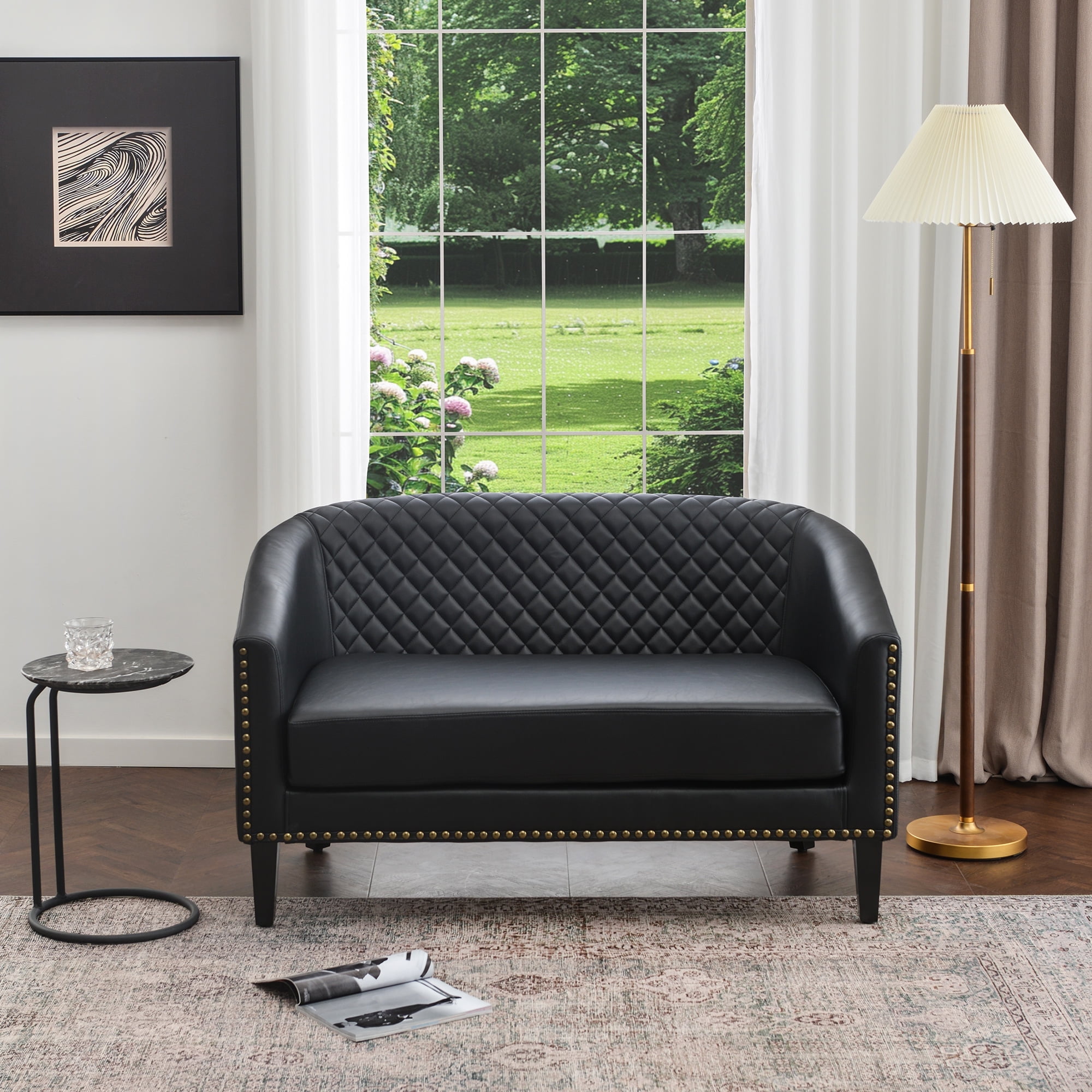 50" Faux Leather Small Barrel Love Seat Settee, Diamond Tufted Back ...