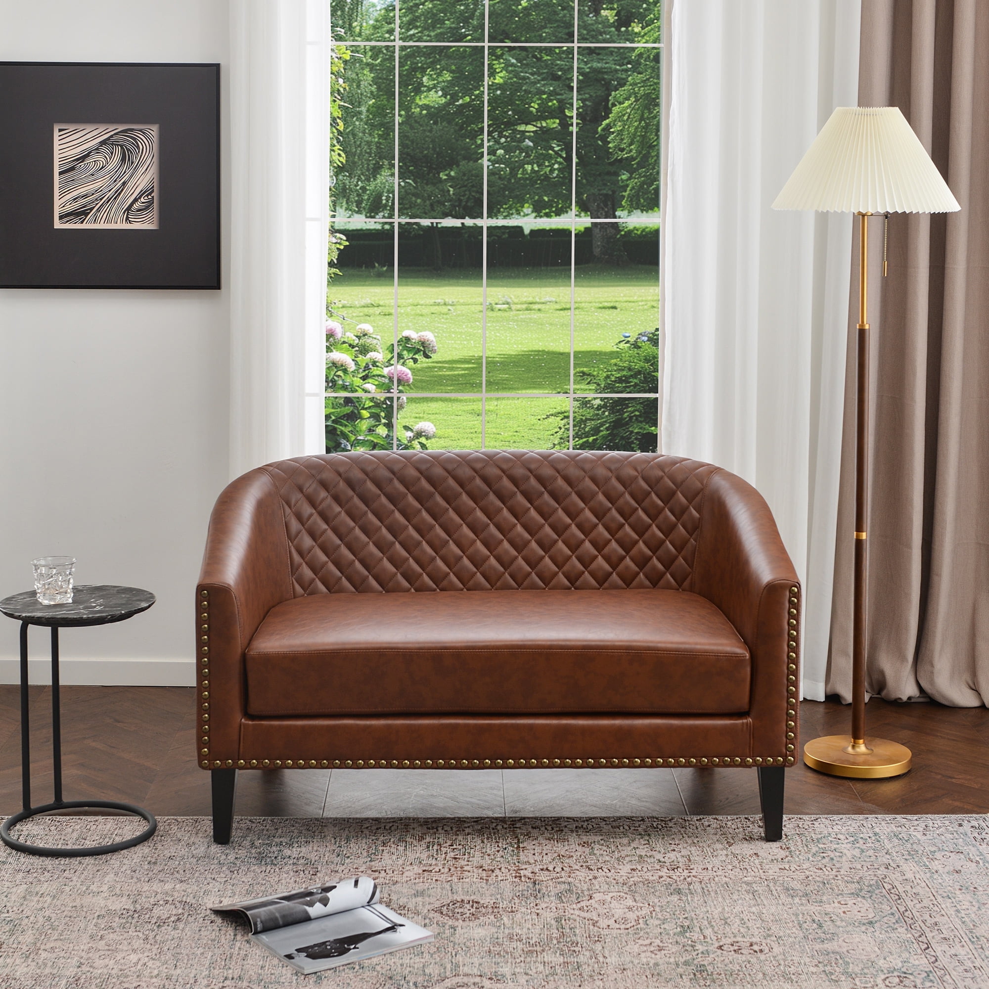 50" Faux Leather Small Barrel Love Seat Settee, Diamond Tufted Back ...