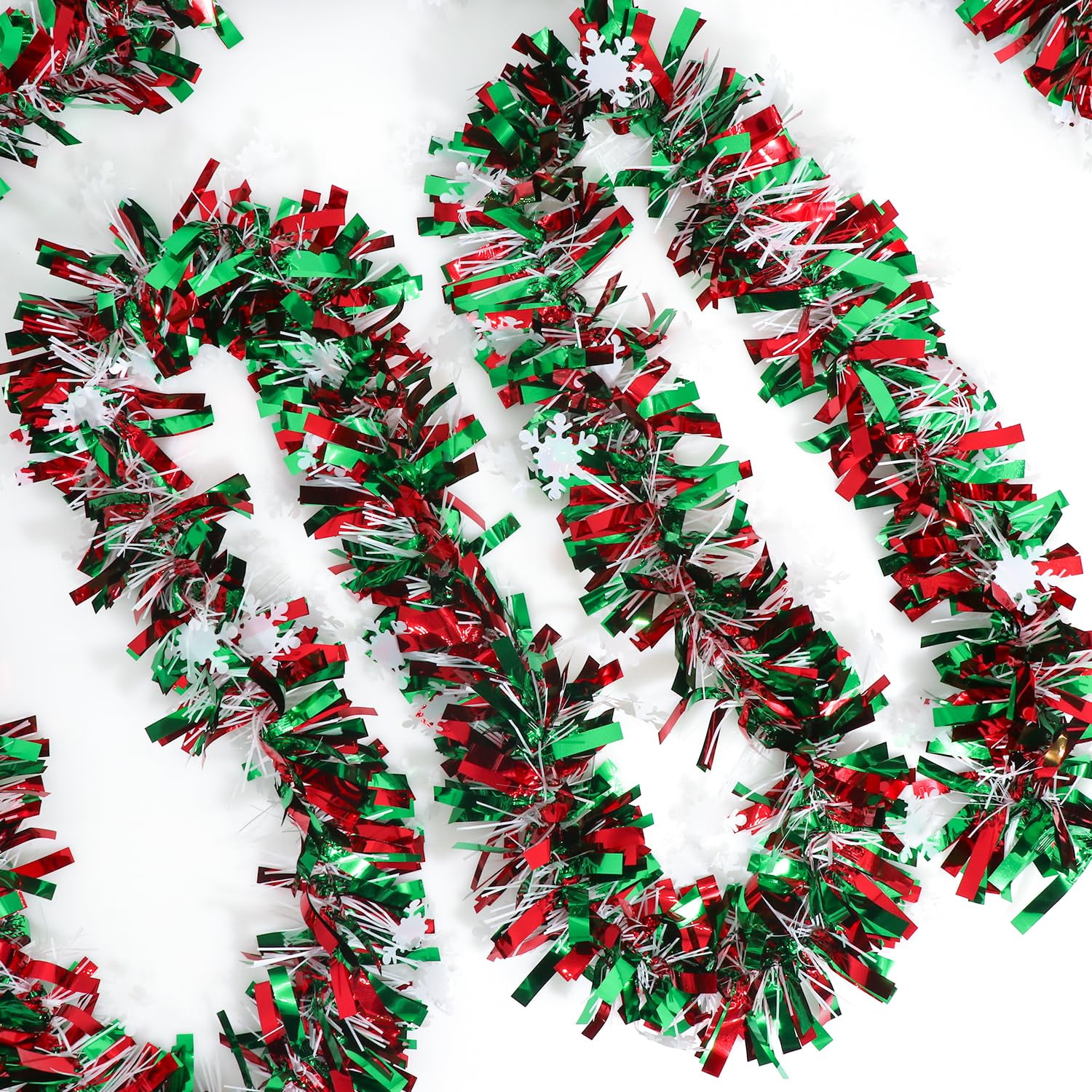 50 Feet Green Red Metallic Tinsel Twist Garland with Snowflake Holiday ...