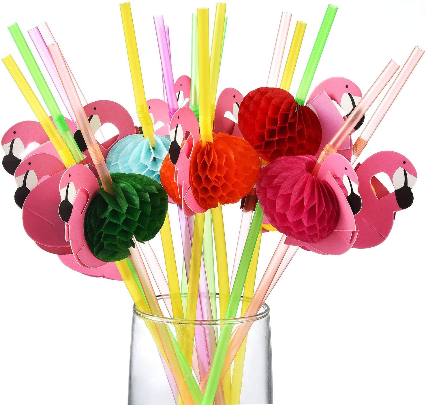 50 Flamingo Straws, Plastic Drinking Straws for Tropical Luau Party ...