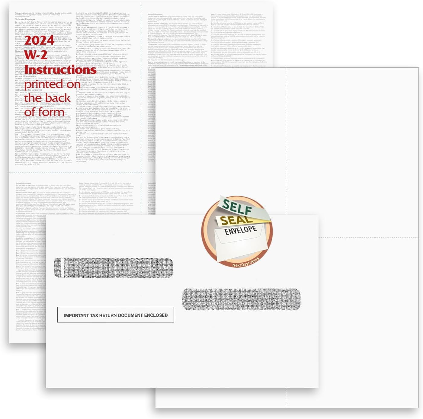 50 Forms with 50 Self Seal Envelopes Set of W-2 4-Up Employee Tax Forms ...