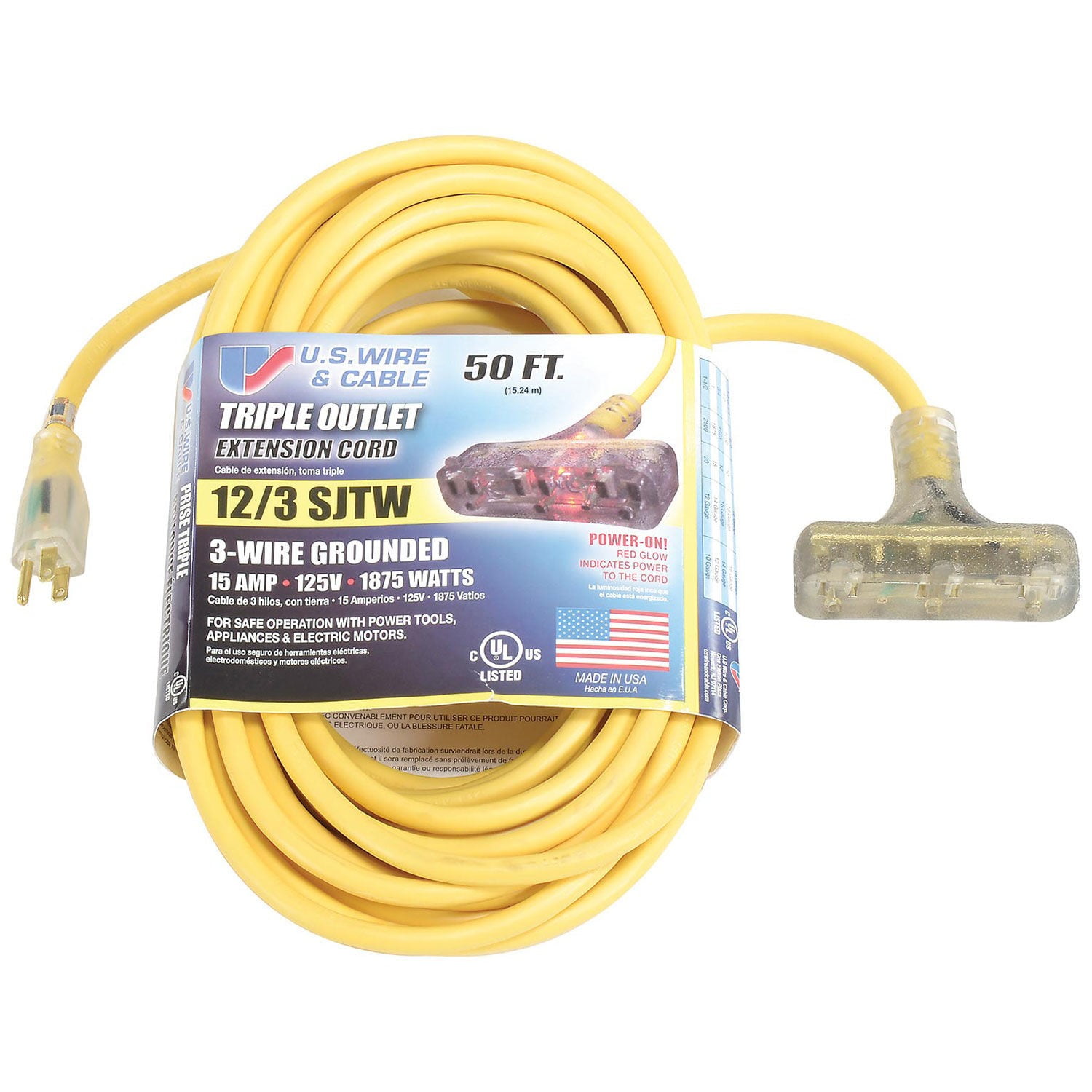 50 Ft. 12/3 SJTW-A Pow-R-Block Extension Round Yellow 300V Illuminated ...