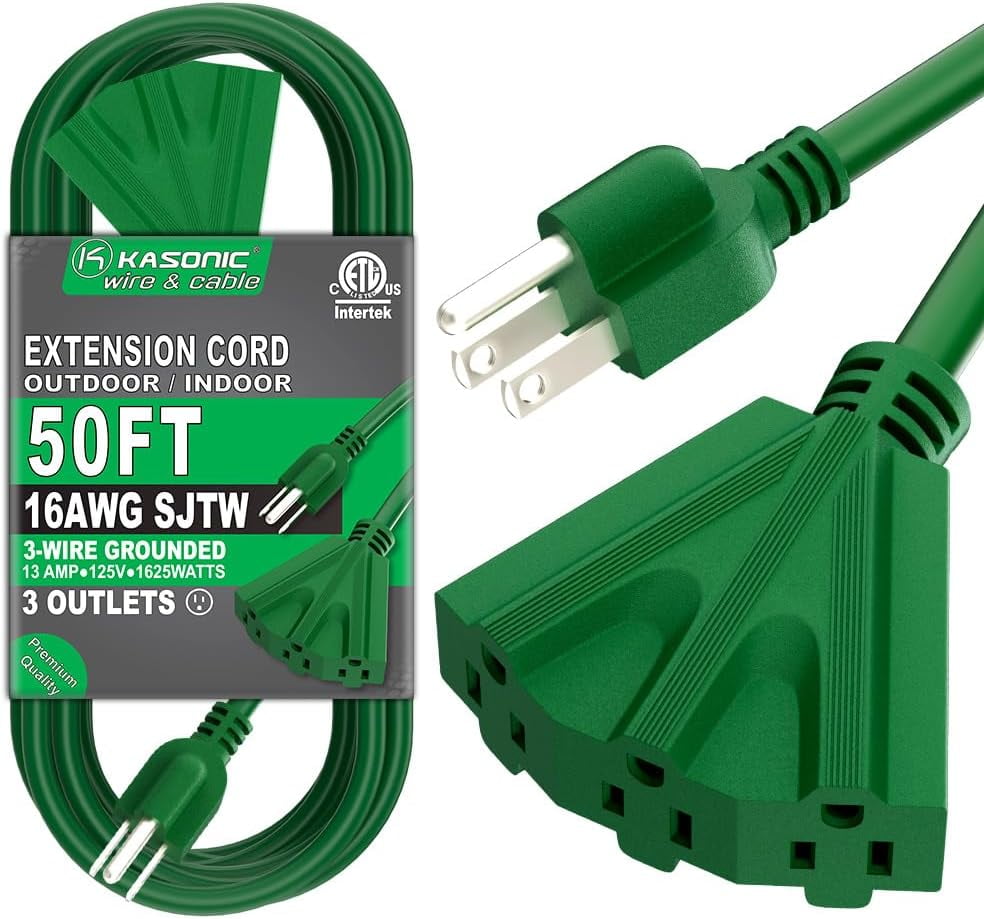 - 50 Ft Extension Cord with 3 Outlets, UL Listed 16/3 SJTW 3-Wire ...