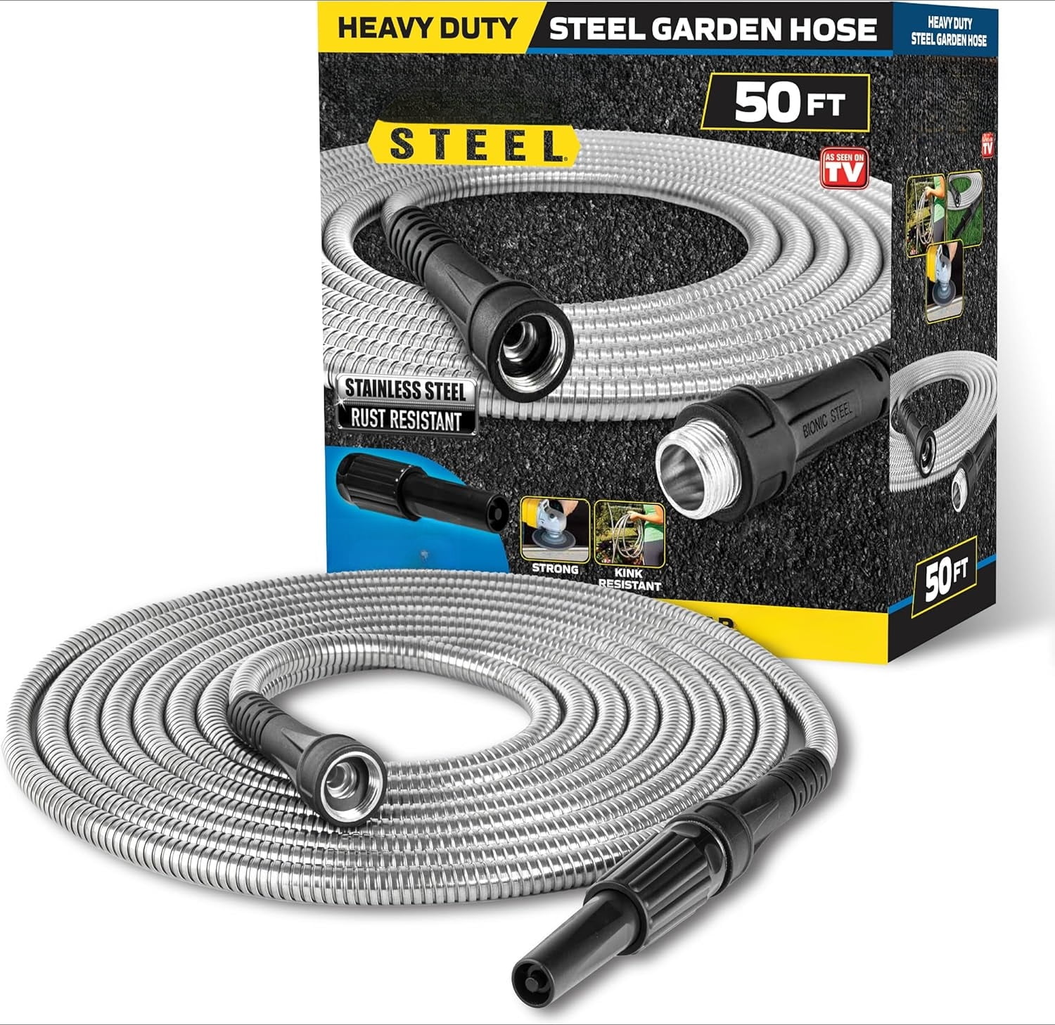 50 Ft Metal Garden Hose with Sprayer Nozzle, Non Kinking Designed ...
