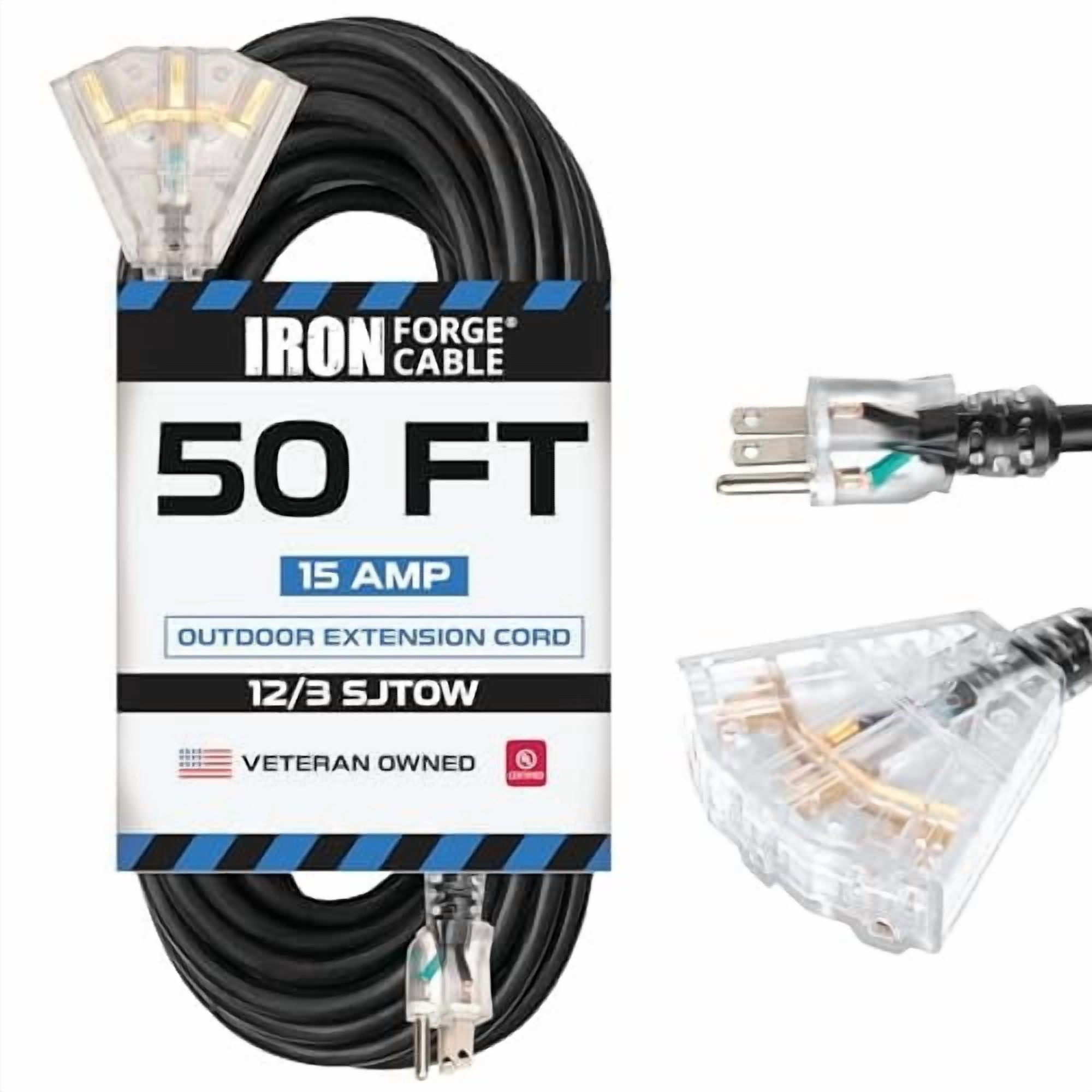 50 Ft Outdoor Extension Cord, Lighted with 3 Electrical Power Outlets ...