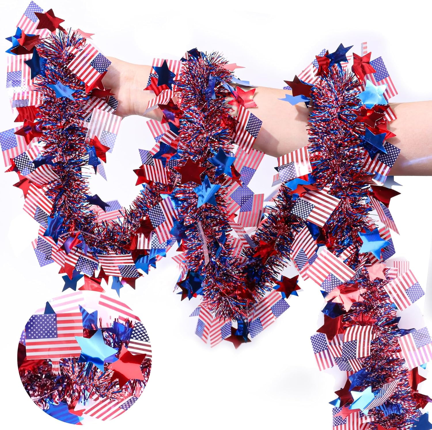 50 Ft Patriotic Tinsel Garland 4th of July Decorations, Red White Blue ...