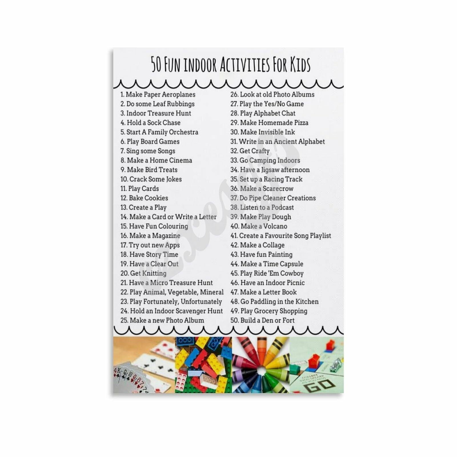 50 Fun Indoor Activities for Kids Poster Play Ideas Educational Wall ...