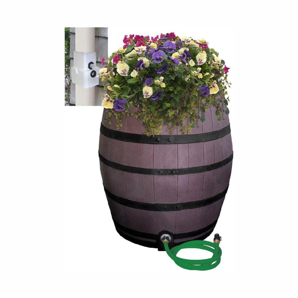 50 Gal. Brown Flat Back Whiskey Rain Barrel with Integrated Planter and ...