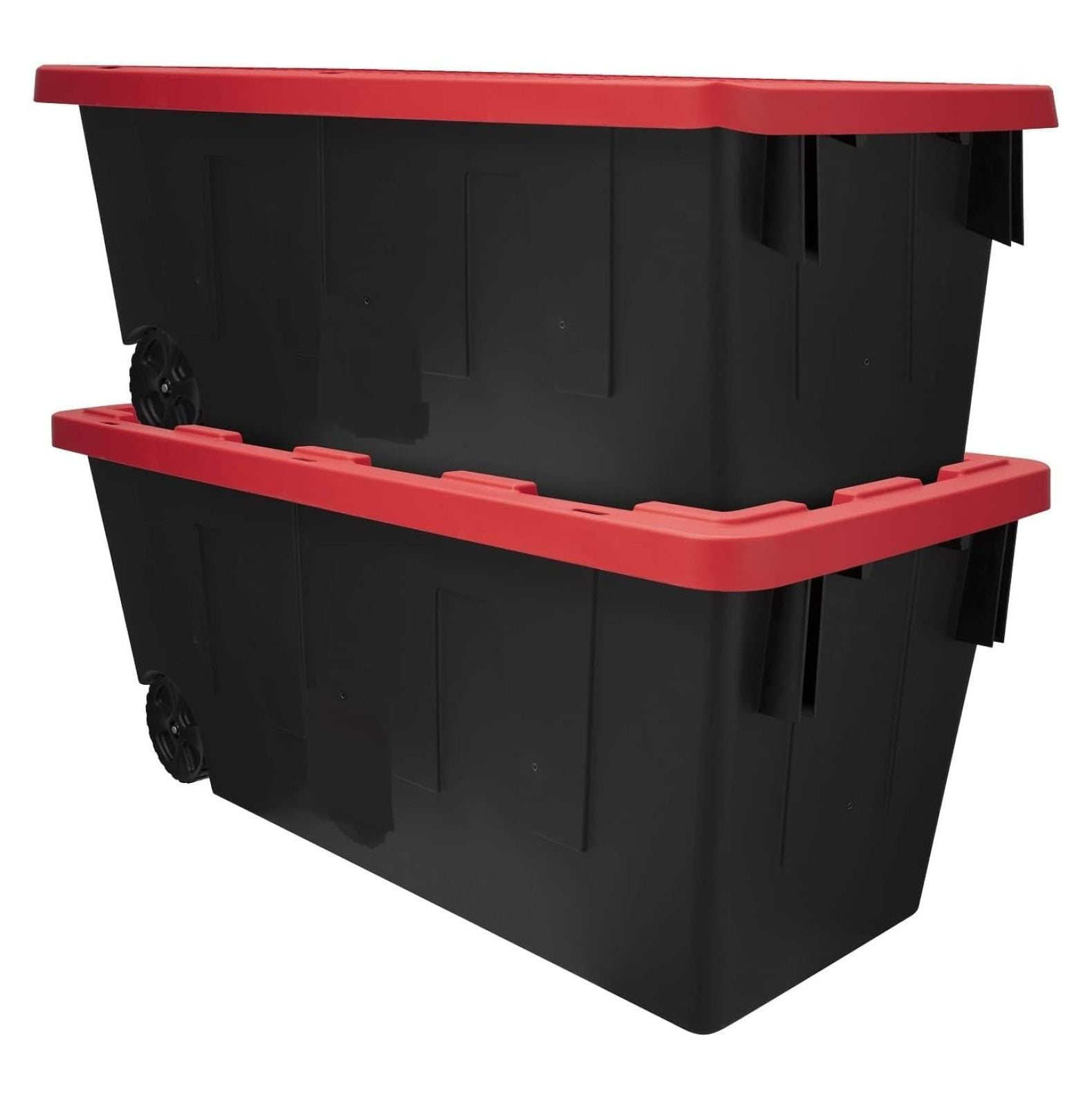 50 Gallon Snap Lid Wheeled Plastic Storage Tote, Black Base/Red Lid ...