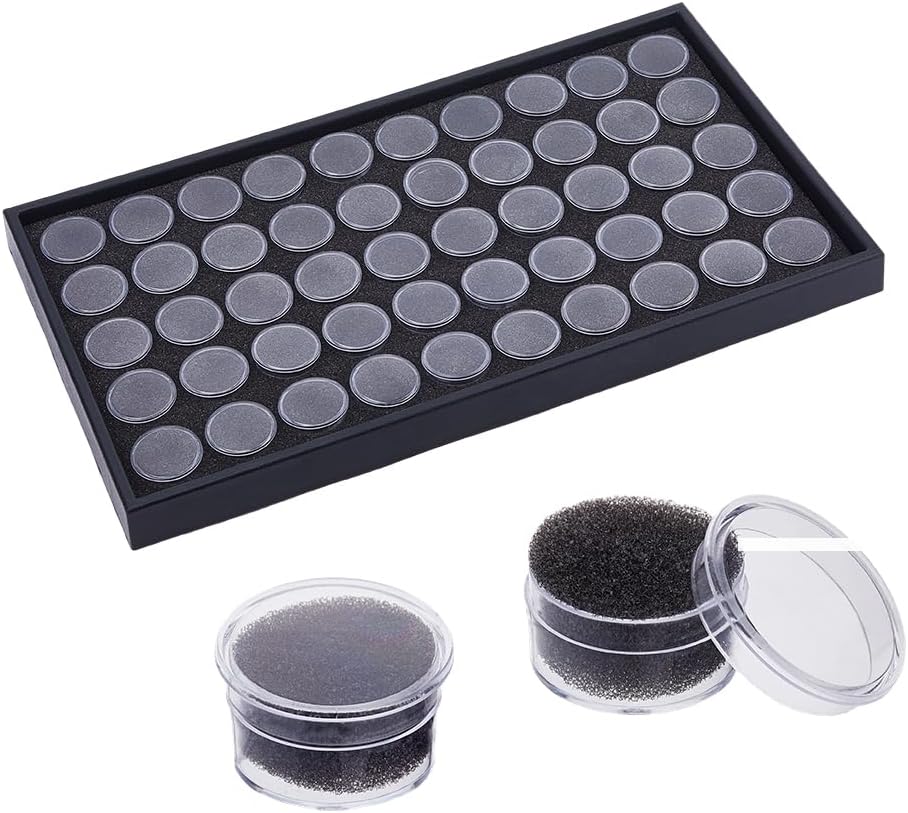 50 Grids Black Diamond Display Case Acrylic Gemstone Box with Sponge Foam Gem Jars Round Empty ...