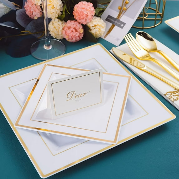 50 Guest Gold Dinnerware Set - 100 White Square Plastic Plates with ...