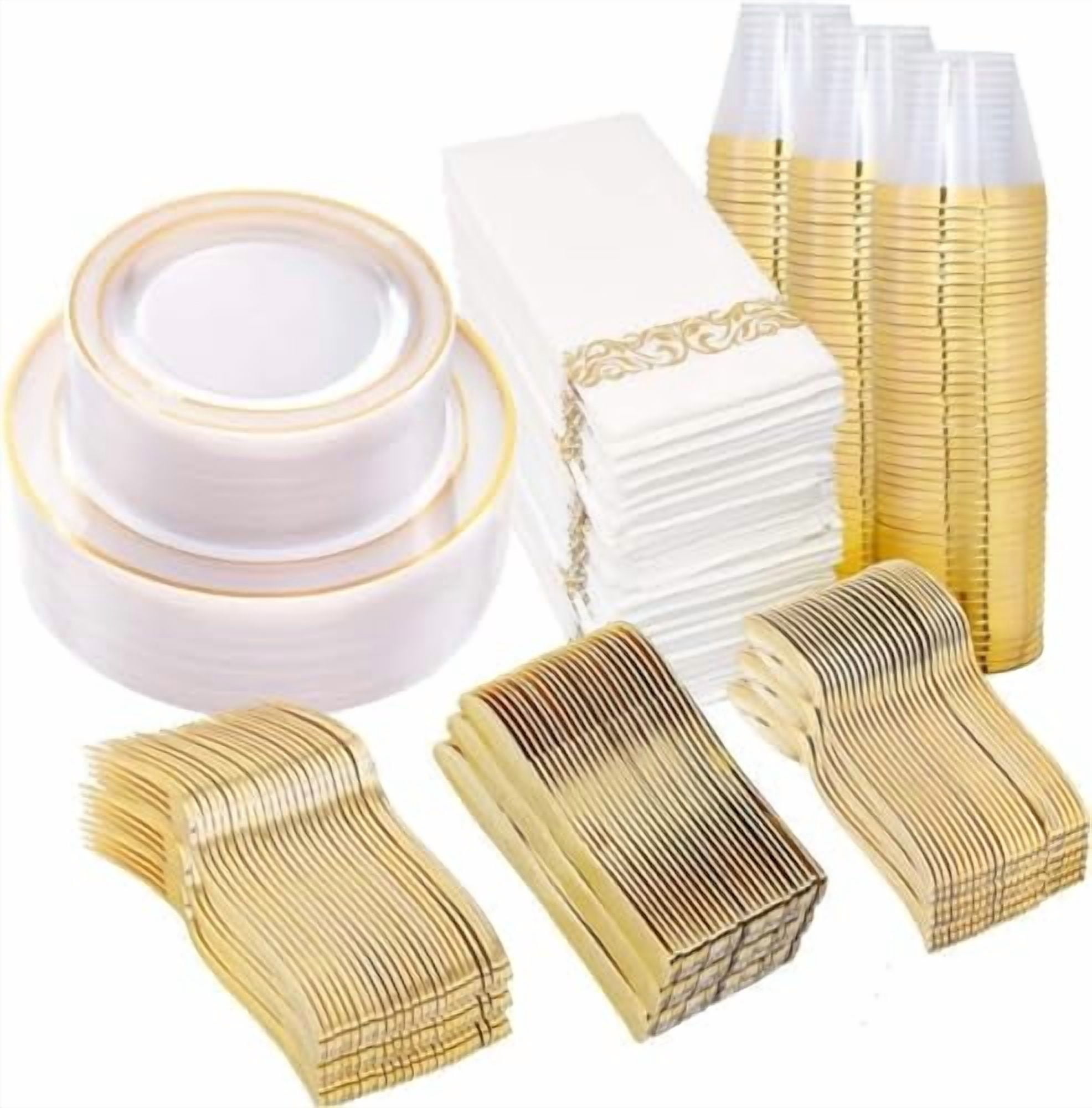 50 Guests Clear Gold Plastic Plates, Gold Disposable Dinnerware Set ...