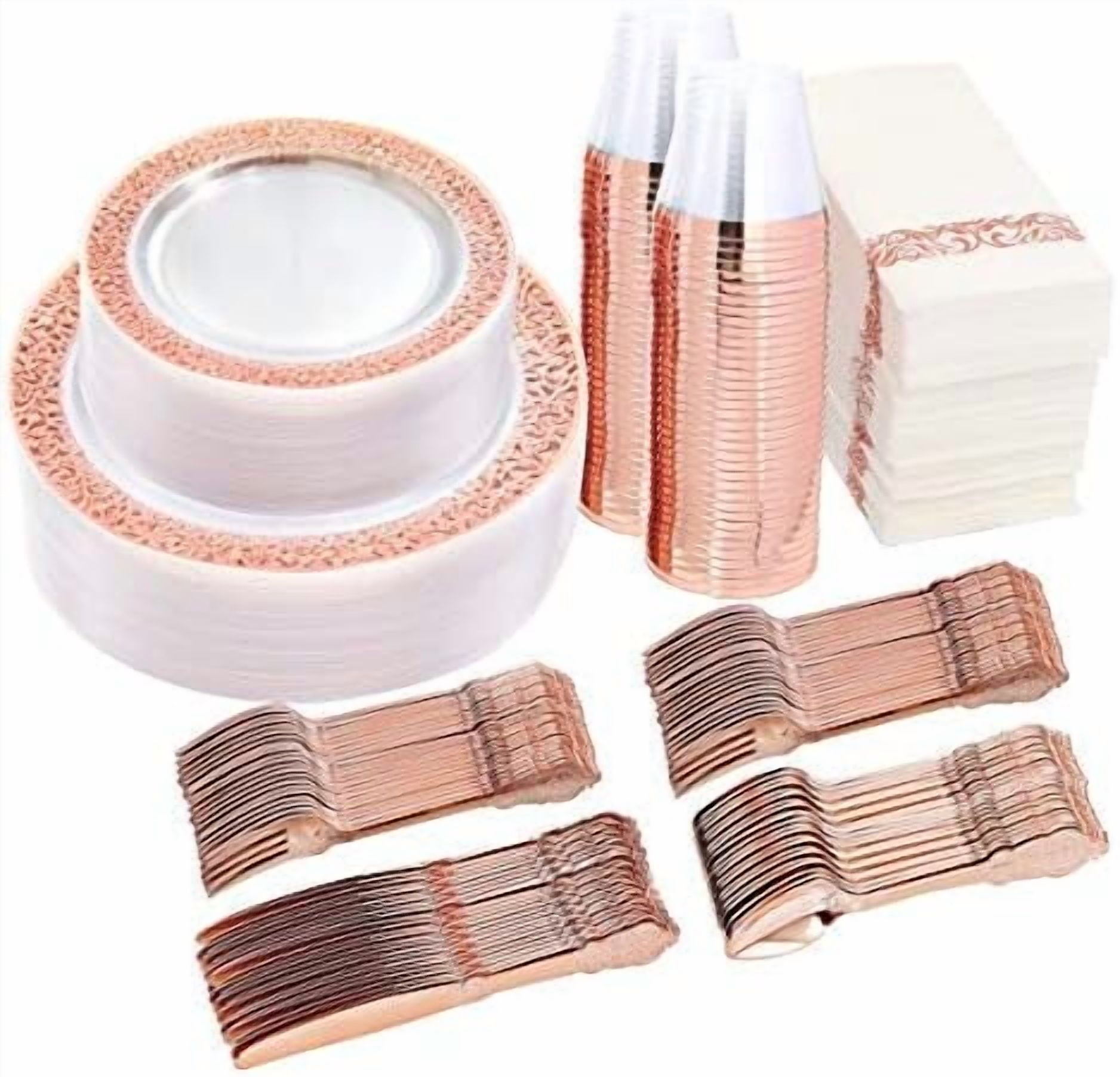 50 Guests Clear Rose Gold Plastic Plates - Disposable Dinnerware Set ...