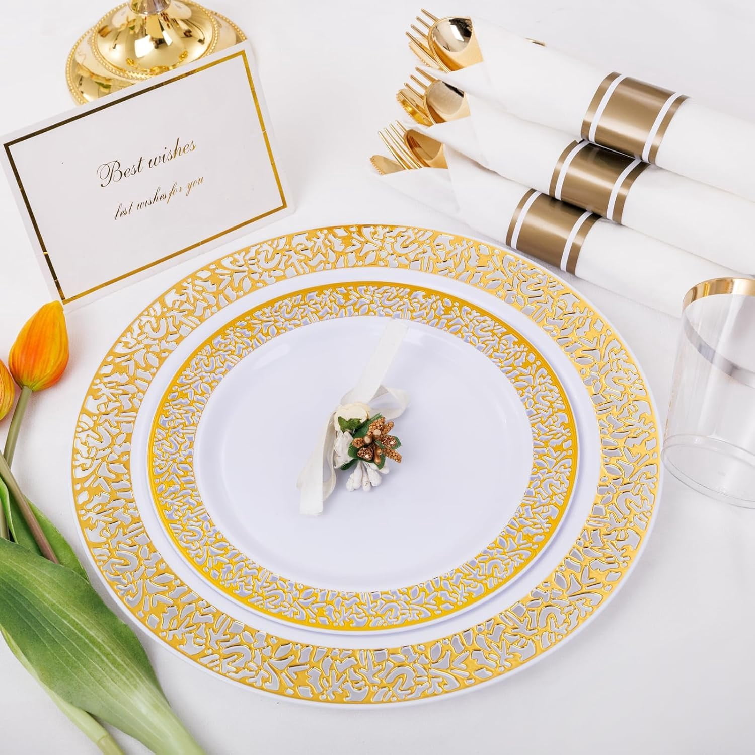 50 Guests Dinnerware Sets, Gold Plastic Plates, Platos Para Fiestas ...