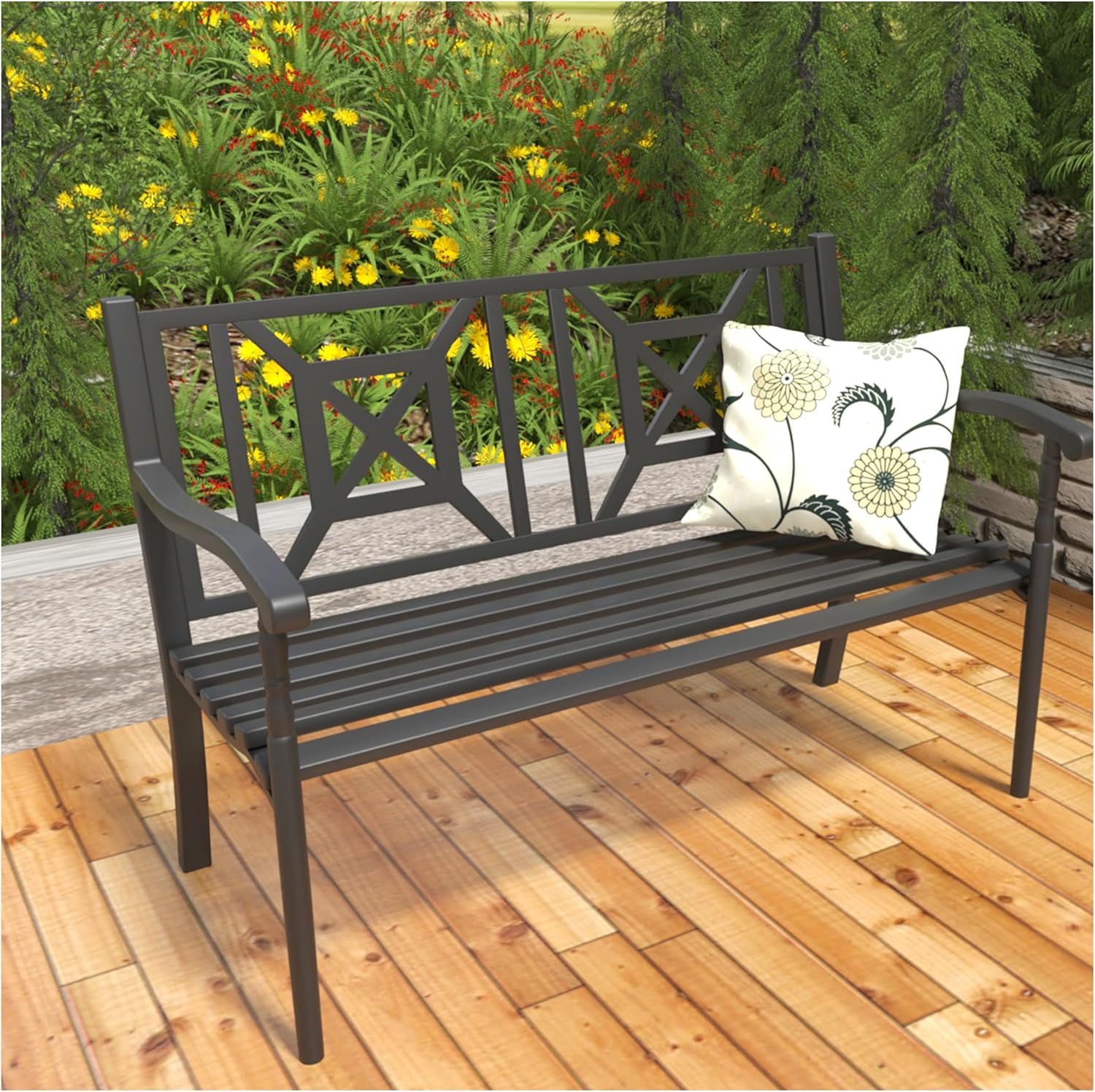 50" Heavy Duty Iron Outdoor Bench - Weatherproof with Ergonomic ...