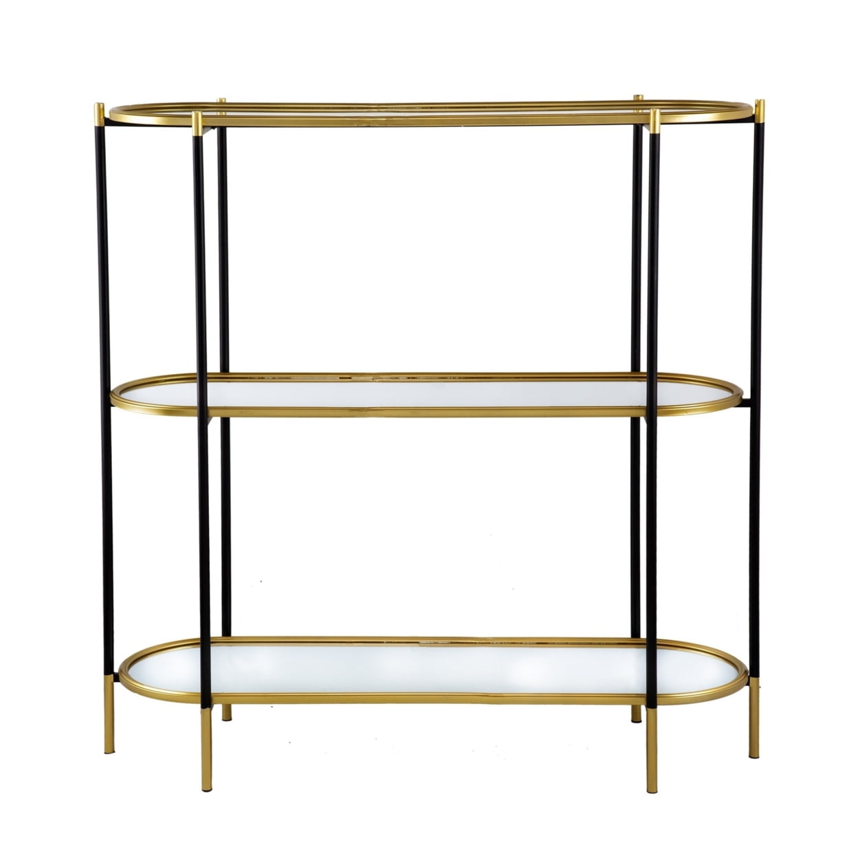 50 Inch Console Table, 3 Tier, Oblong Shaped Mirrored Top, Gold Iron ...