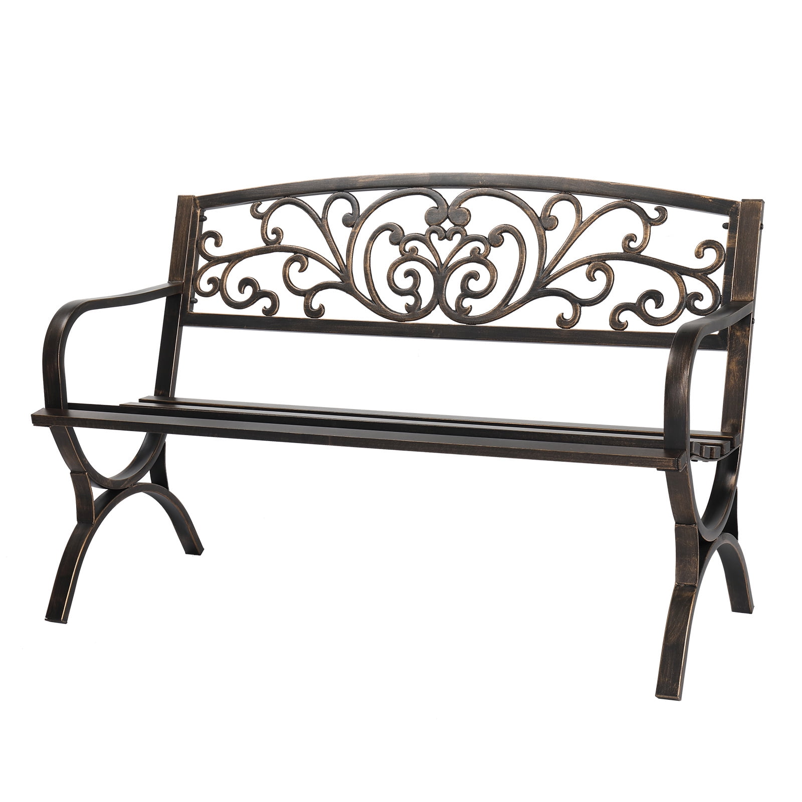 50-Inch Garden Bench Outdoor Bench w/Floral Design Backrest Steel Frame ...