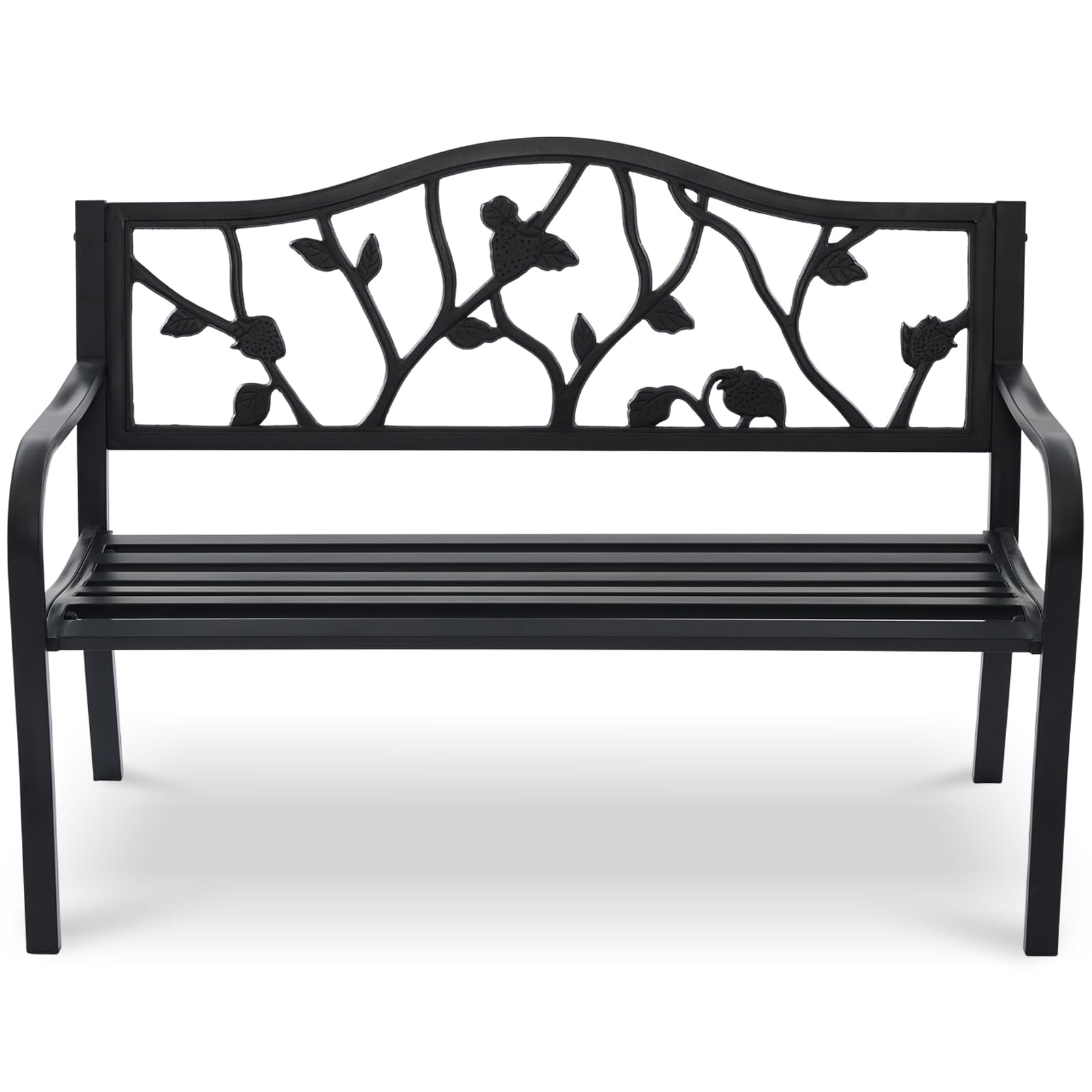 50 Inch Heavy Duty Metal Garden Bench, Strawberry Leaf Backrest, Rust ...