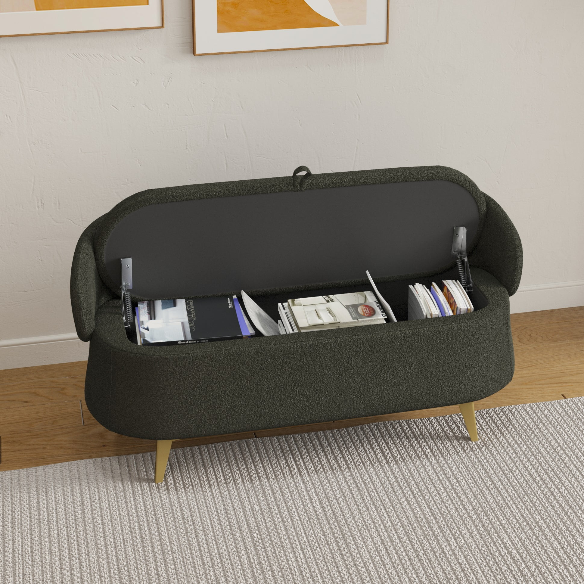 50 Inch Ottoman with Storage, Sofa Stool wit Low Backrest and Gold Legs ...