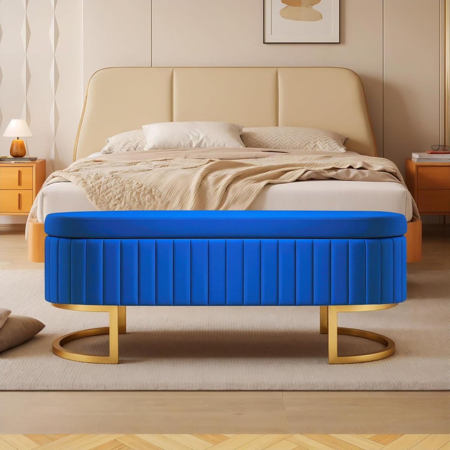 50 Inch Oval Storage Ottoman Bench, Velvet Bedroom End of Bench with ...