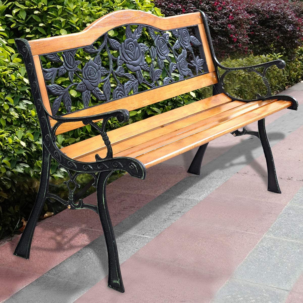 50 Inch Patio Bench, Outdoor Furniture Rose Cast Iron Hardwood Frame ...