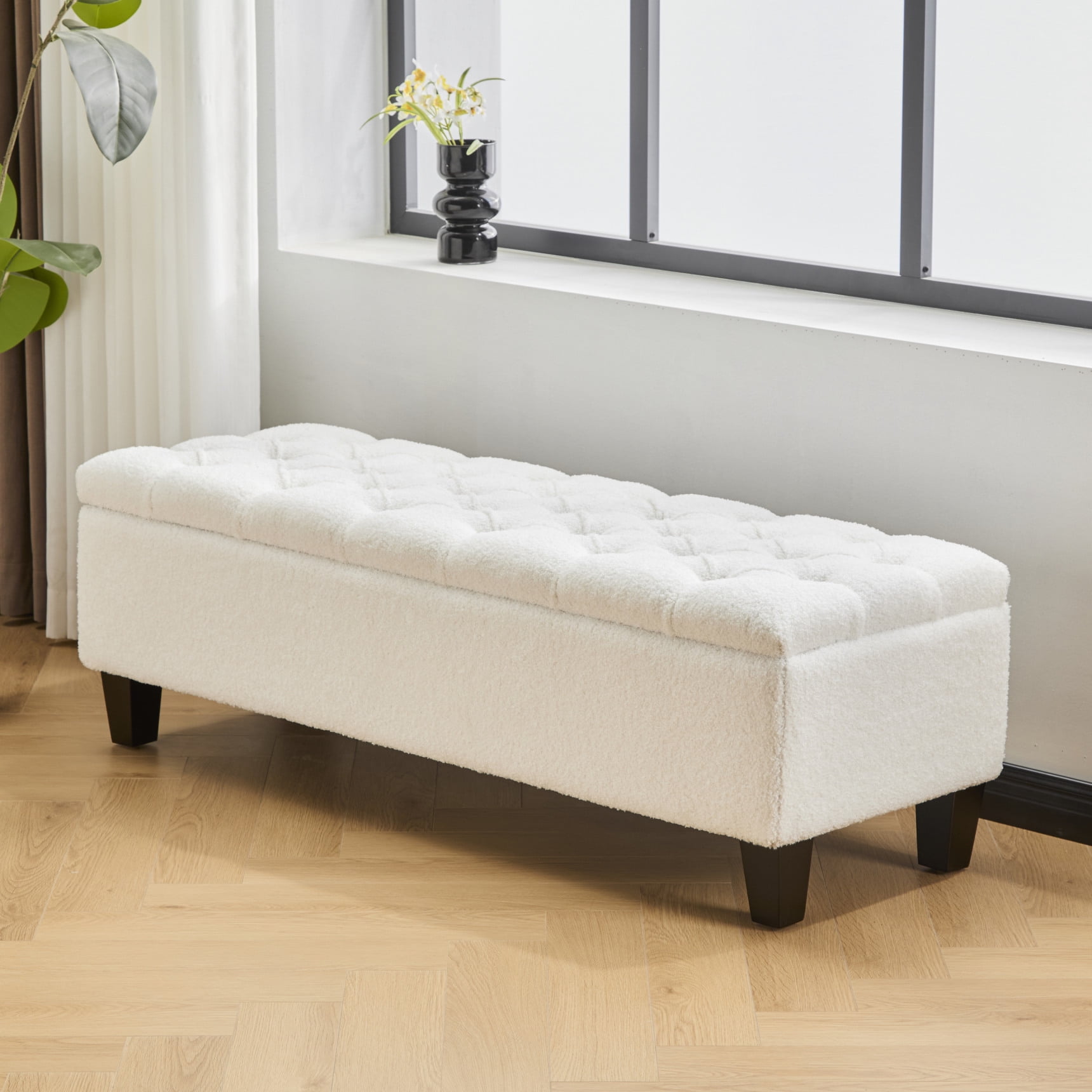 50 Inch Rectangle Storage Ottoman, Upholstered Boucle Bench with Button ...