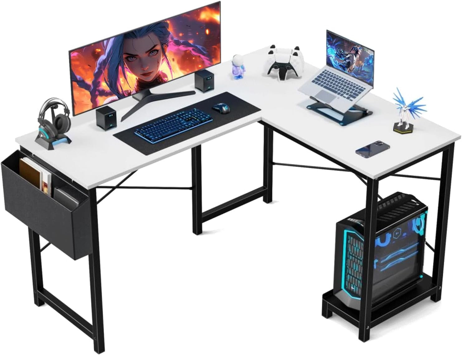 50 Inch Writing Space-Saving Corner Table with CPU Storage Shelf, Side ...