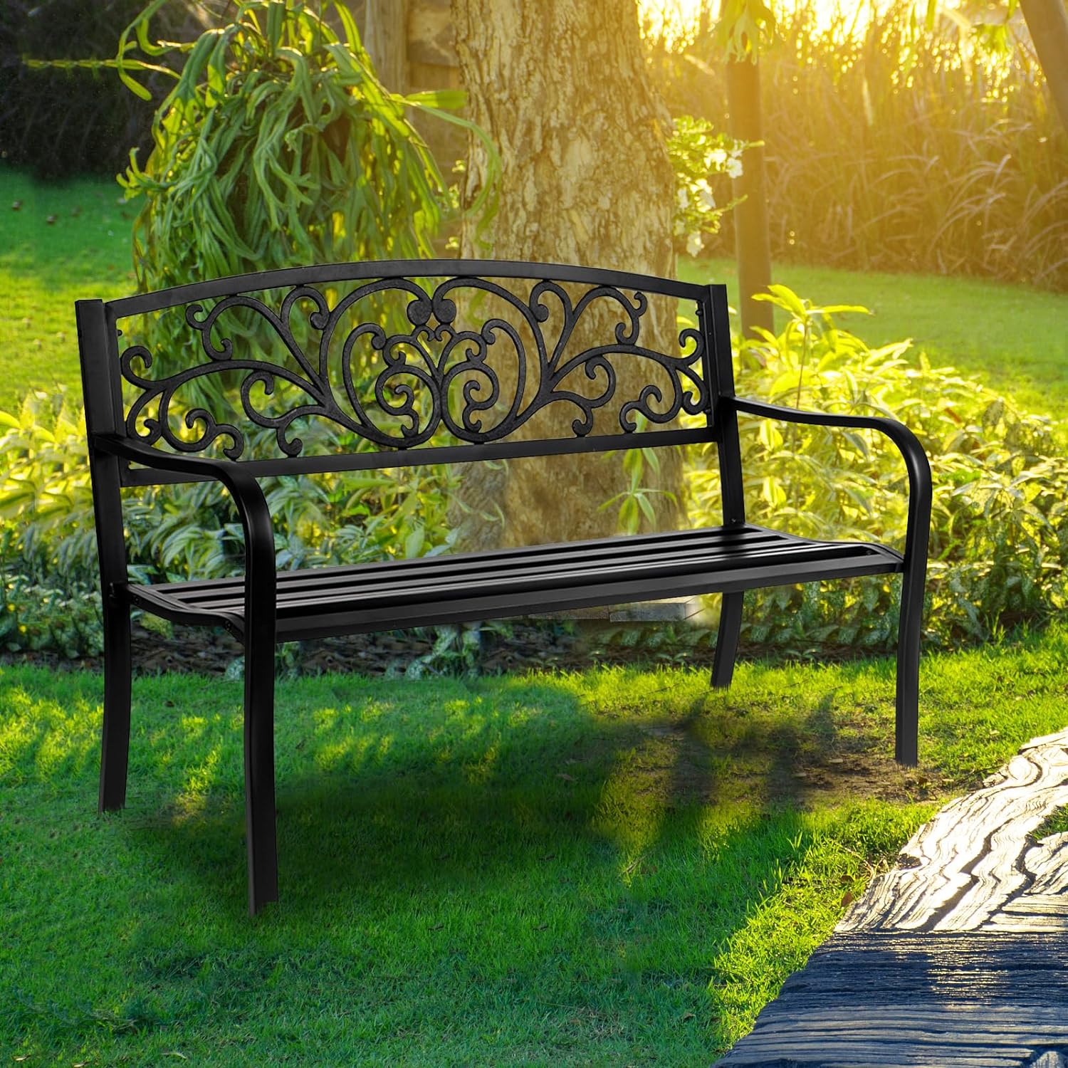 50 Inches Outdoor Garden Bench, Cast Iron Metal Frame Patio Park Bench ...