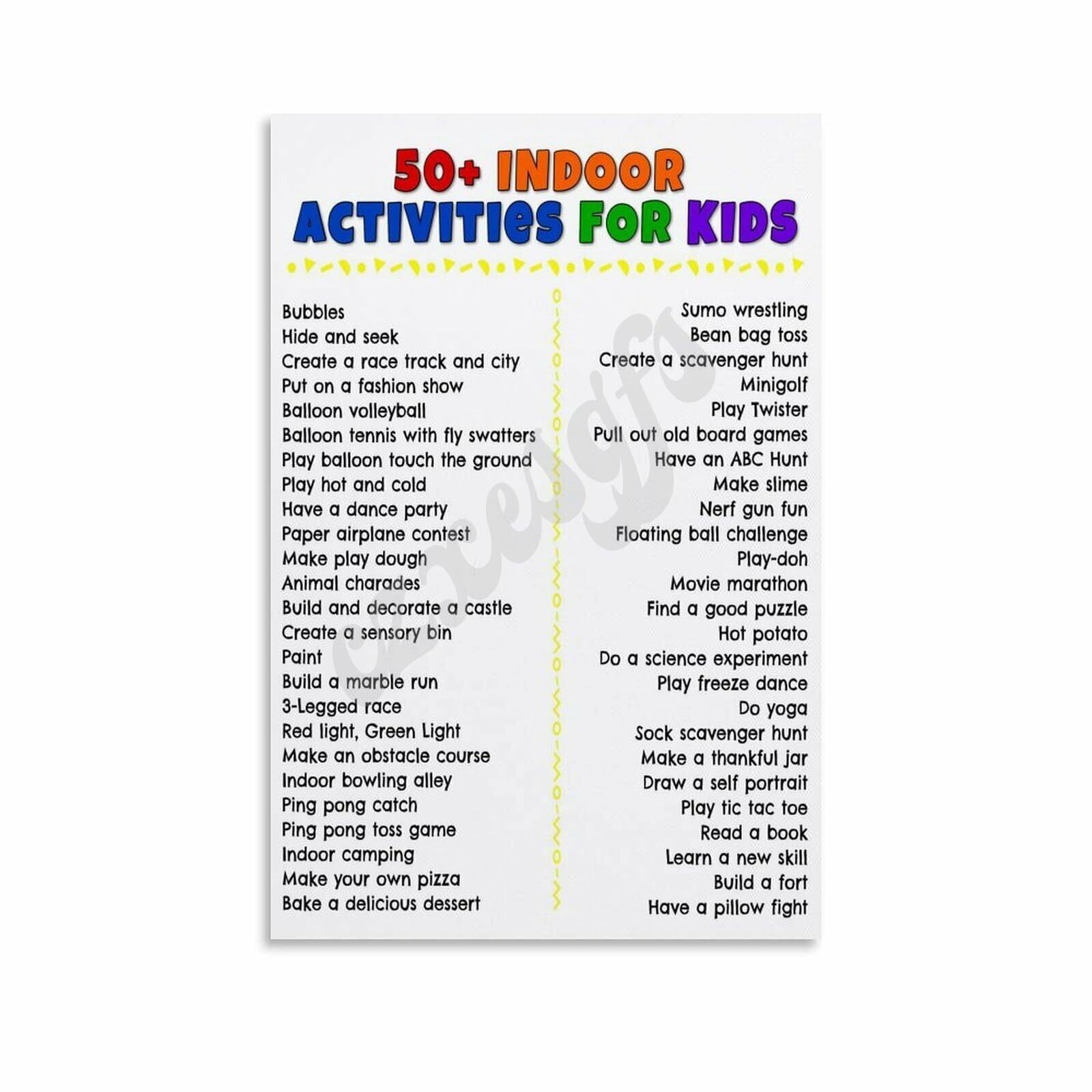 50+ Indoor Activities for Kids Poster Boredom Buster Play Ideas Wall ...