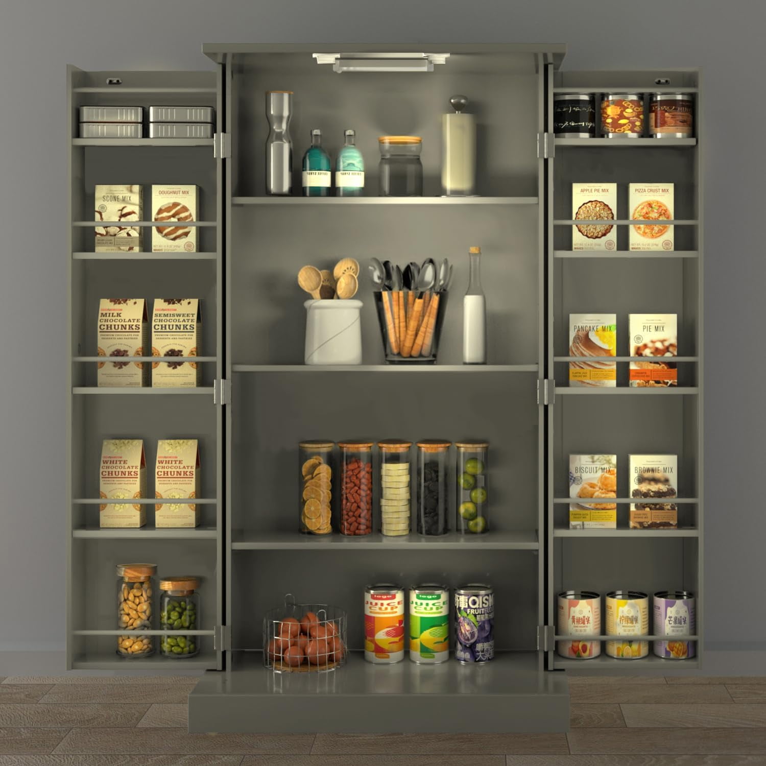 50" LED Kitchen Pantry Cabinet Grey Storage Cabinet Food Pantry with ...