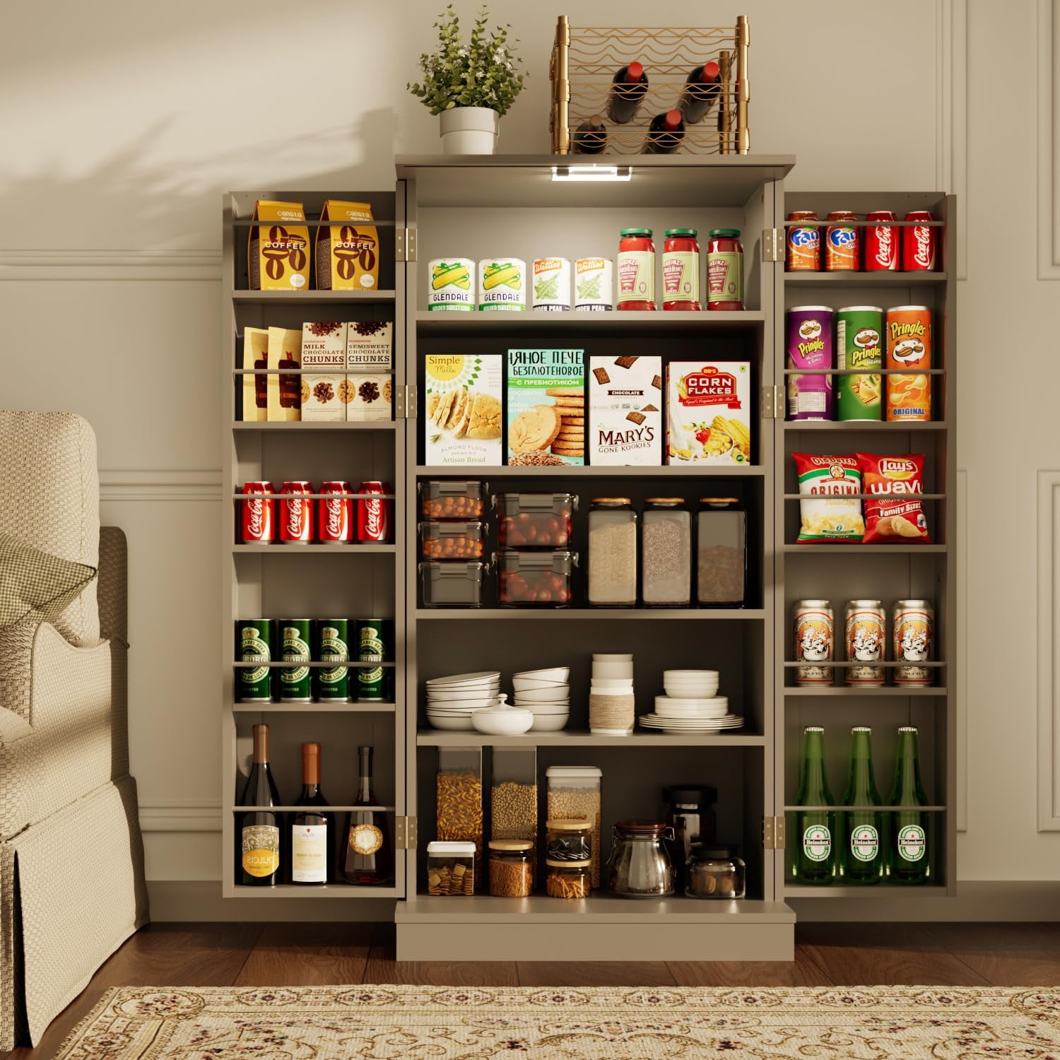 50'' LED Kitchen Pantry Storage Cabinet, White Pantry Cabinets for ...