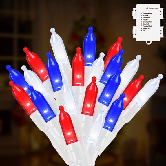 50 LED Red-White-Blue String Lights - 16FT Mini Outdoor Independence ...