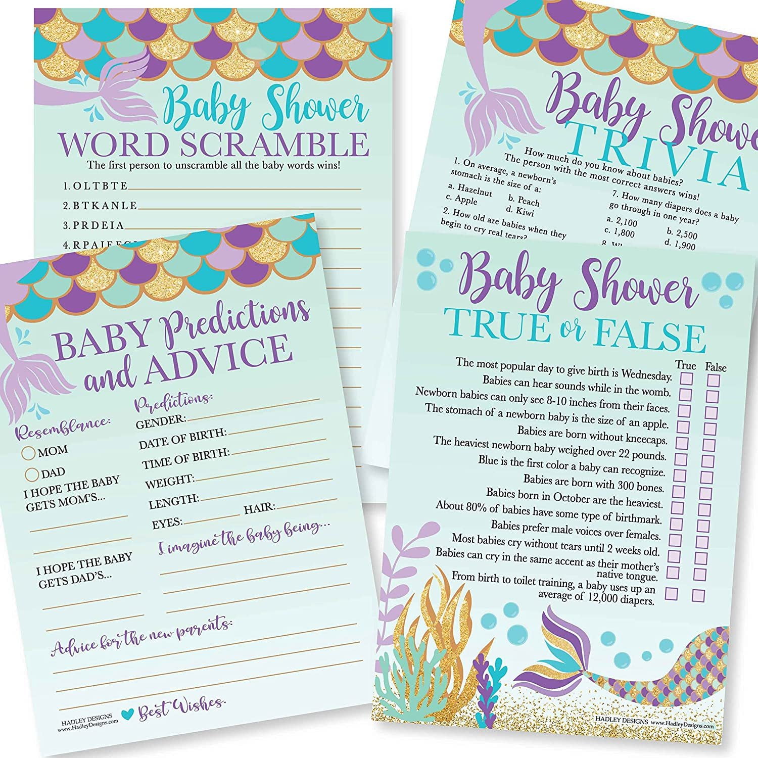 50 Mermaid Baby Shower Games For Girls - 4 Games Double Sided, Baby ...