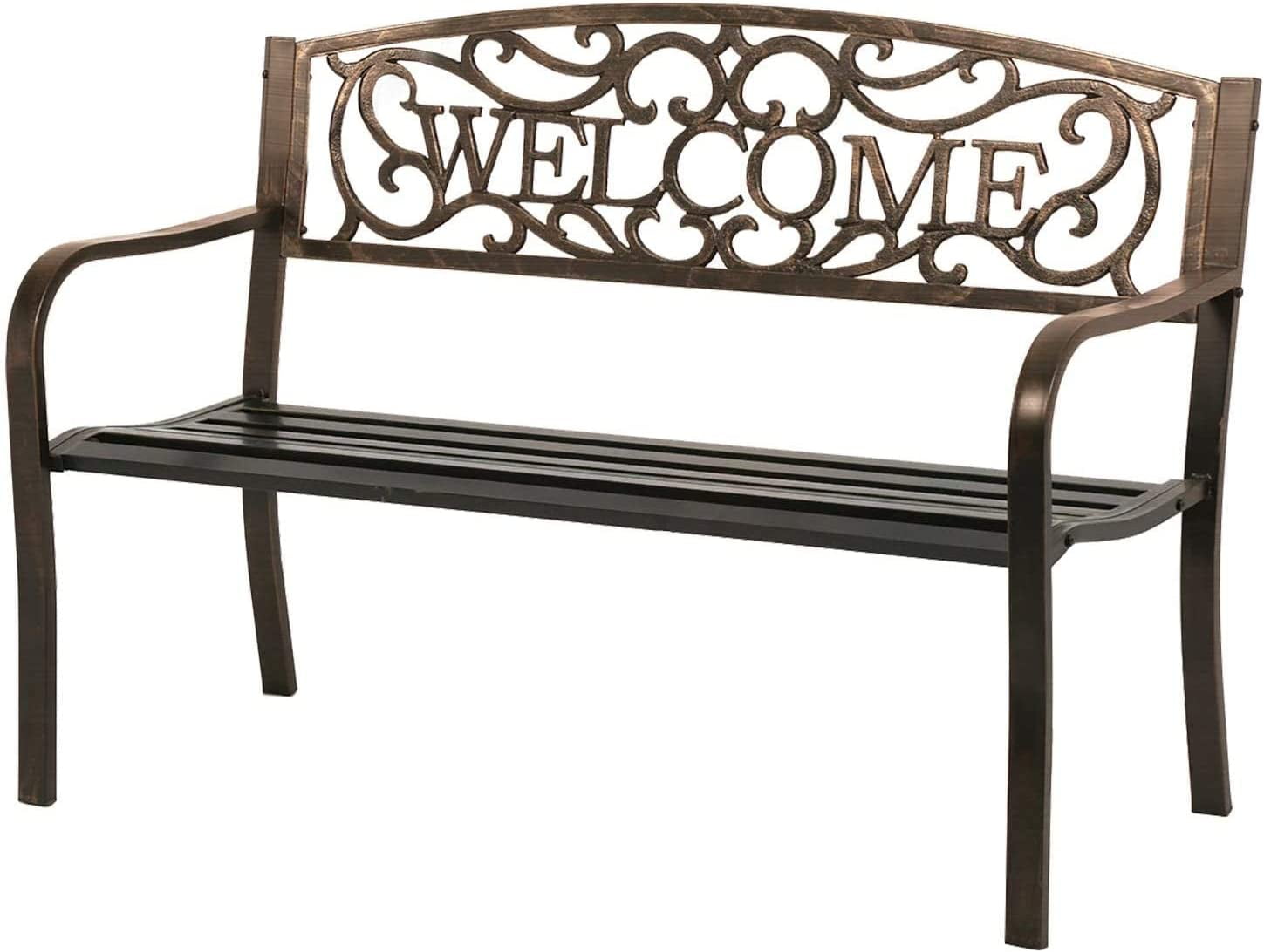 50" Outdoor Cast Iron Lawn Bench, Steel Frame, Armrests, Rust-Resistant ...