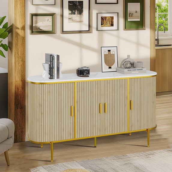 50" Modern Buffet Cabinet with Faux Marble Top & Sliding Doors - Mid ...
