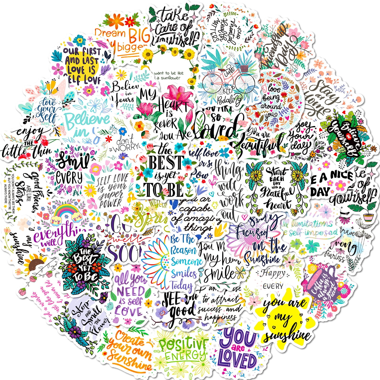 50 Motivational Text Stickers English Slogans Colorful Flowers ...