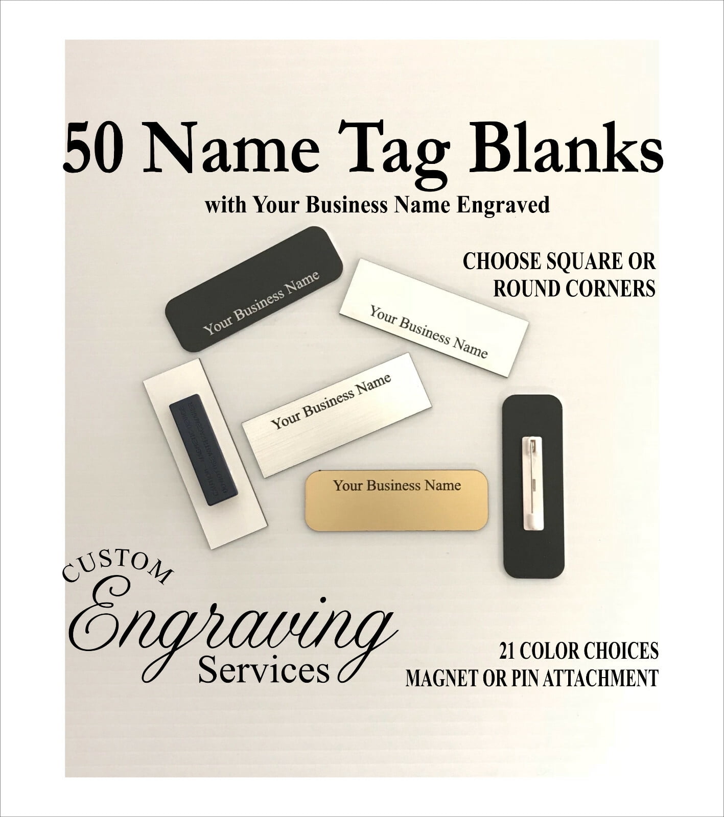 50 NAME TAG BADGE BUSINESS NAME ENGRAVED. 1"X3" W/PIN OR MAGNET. 21 ...
